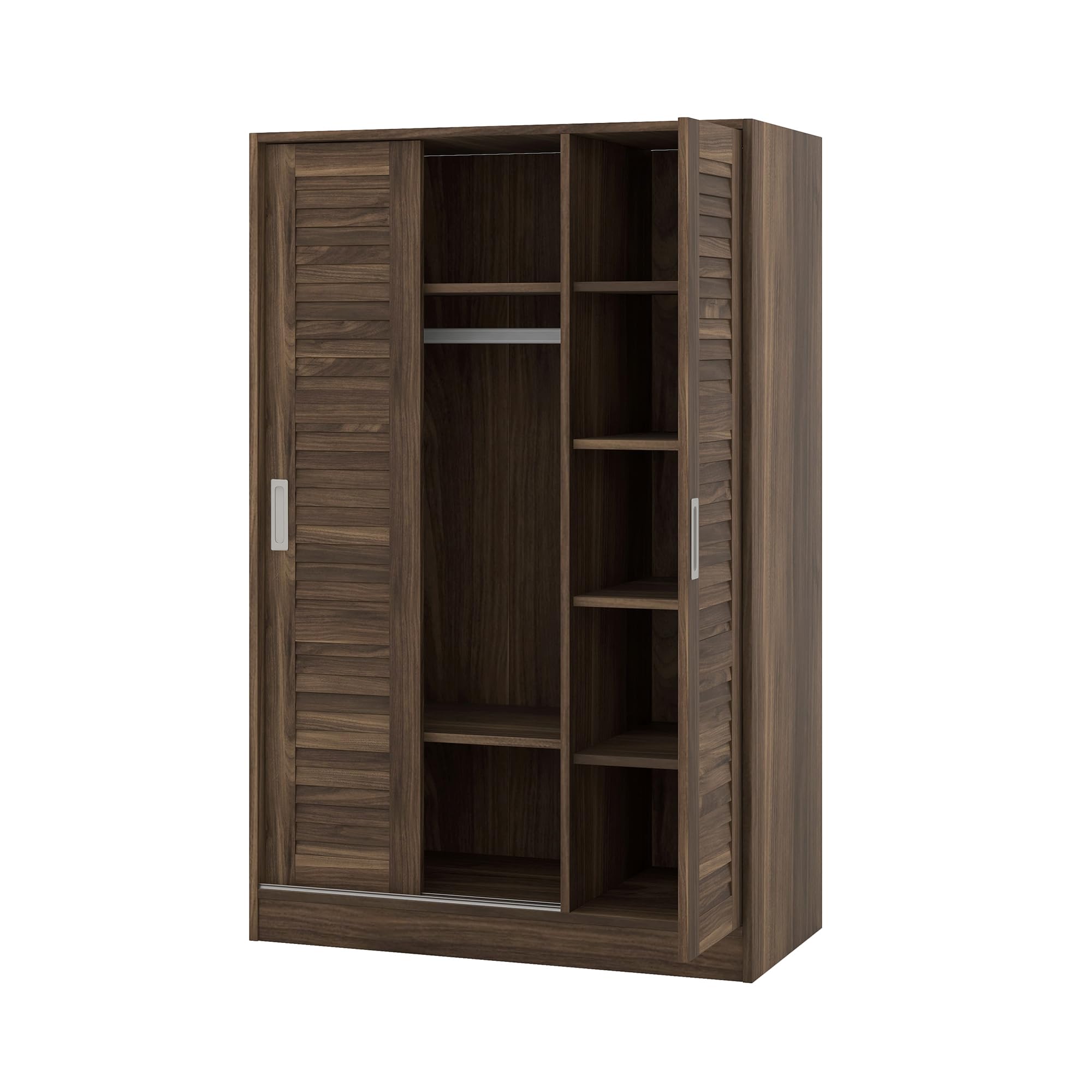 Lifeand Modern 3-Door Shutter Wardrobe with Shelves and Hanging Area, Spacious and Organized Closet Bedroom Armoires, Walnut
