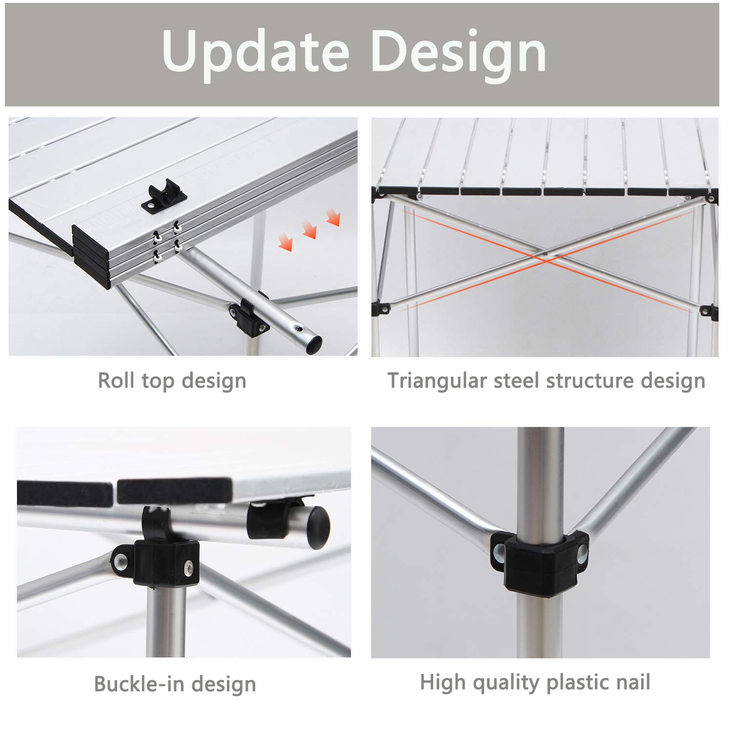 MYOYAY Portable Camping Table Foldable Lightweight Aluminum Table Square Roll Up Top Folding Camp Table for Outdoor Picnic Grill with Carry Bag, 27.5" L x 27.5" W x 27.5" H, Silver