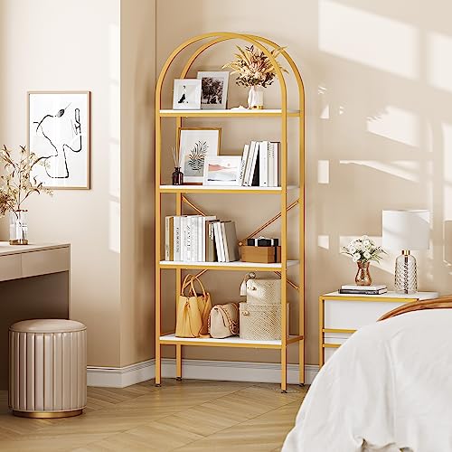 YITAHOME Gold Bookshelf and Bookcase, 71.3” Tall Modern Open Arched Book Shelf, 4-Tier Freestanding Storage Display Rack Shelves for Bedroom,Living Room,Office,Kitchen, White&Gold