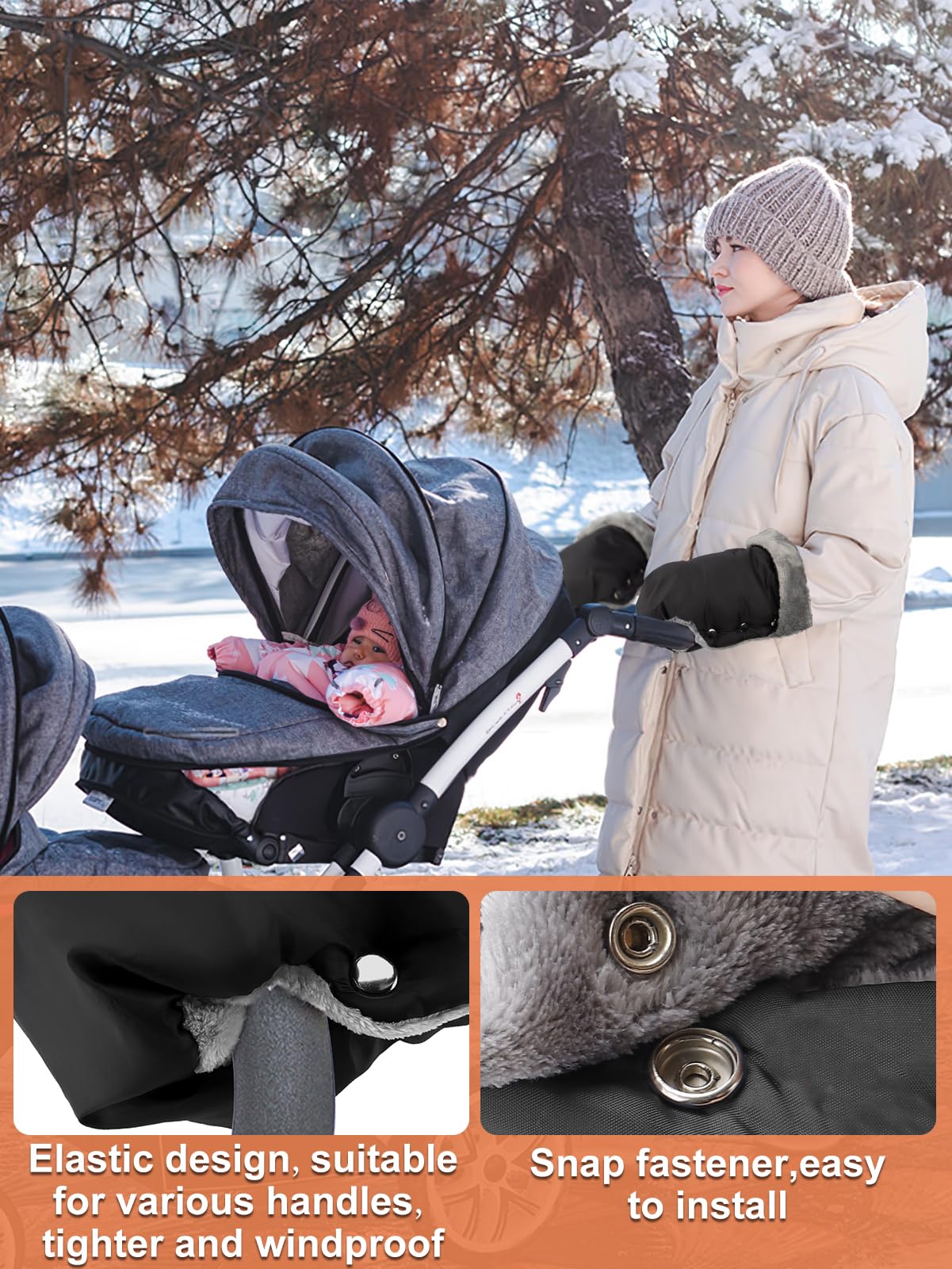 Upgraded Extended Stroller Gloves- Waterproof Warm Stroller Mittens for Freezing Cold Weather- Stroller Hand Muff Stroller Accessories for Winter Pushchair Pram (Black)