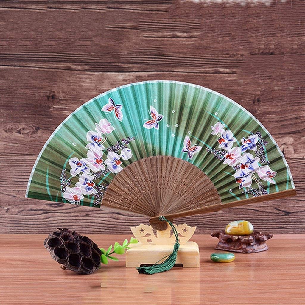 MEING Folding Fan Chinese Style Silk Folding Classical Bamboo Fan with Portable Fan Craft Folding Fan Gift Fan Handheld Fans Hand Folding Fans (Color : Green)