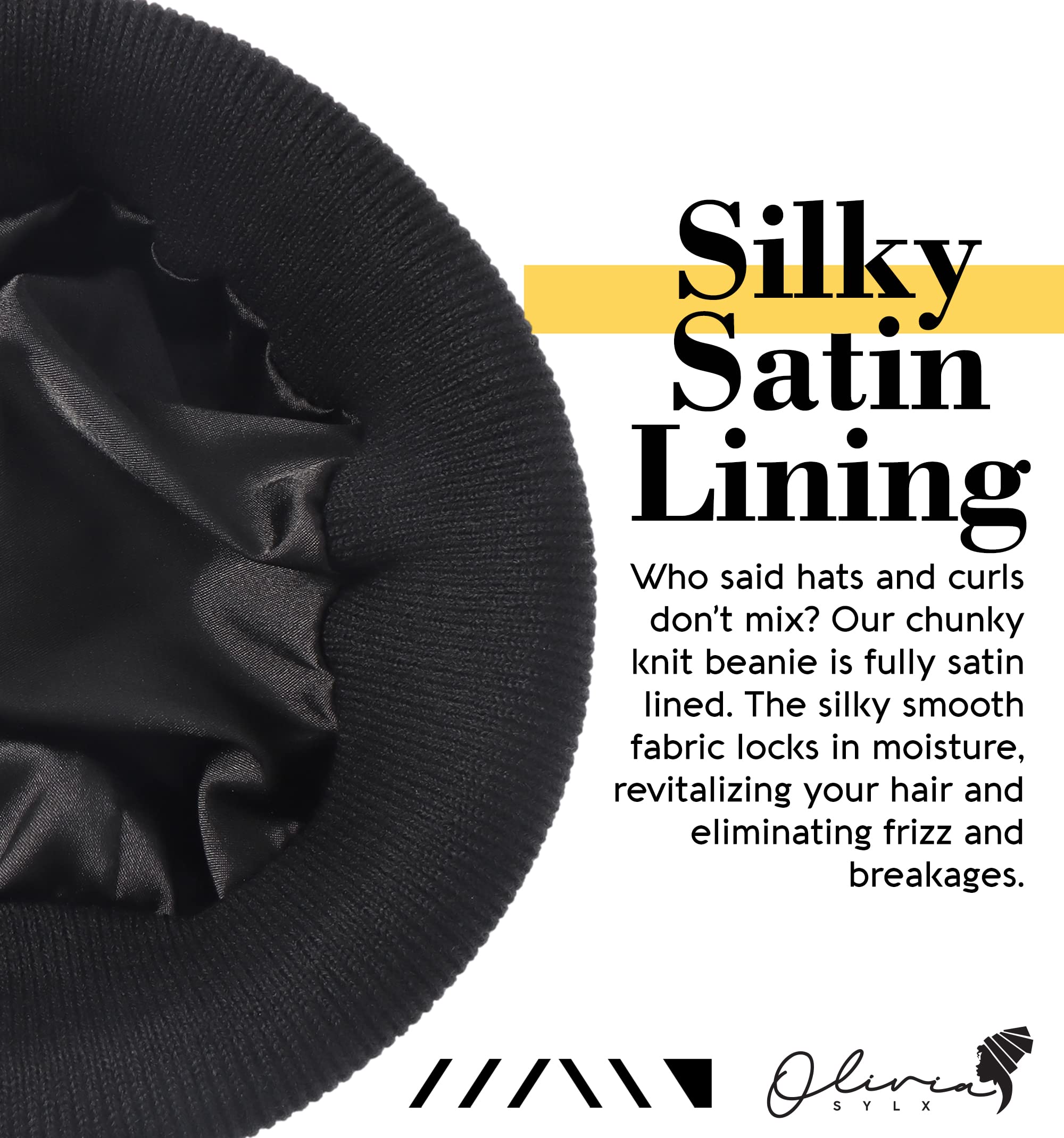 Olivia Sylx Cuffed Satin Lined Beanie for Women - Satin Lined Winter Hat - Beanie with Satin Lining - Satin Lined Hats Black