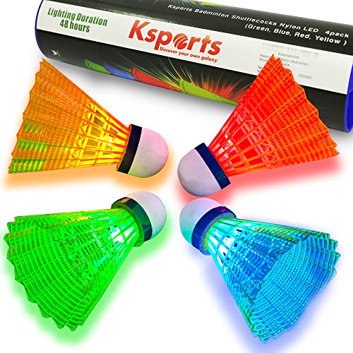 Ksports LED Badminton Shuttlecocks 4 Pack Tube − Glow in The Dark Lighting Birdies Shuttlecocks − with 4 Different LED Colors − Red Green Blue Yellow