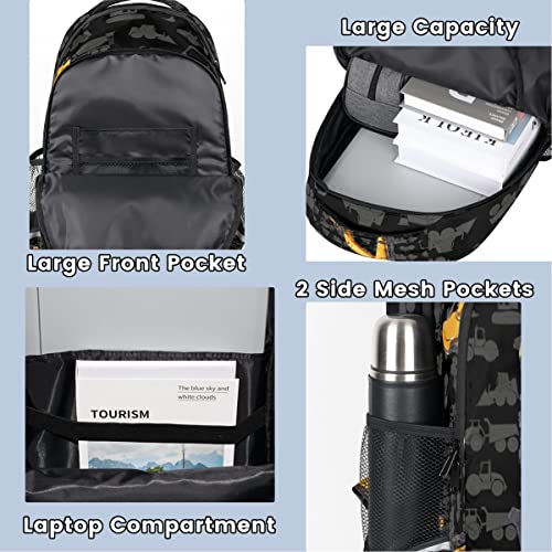 OMFUNS Excavator Truck Custom Name School Backpack for Boy Girl Teen Cool Car Personalized Student Bookbag for Primary Junior College Customized Laptop Backpack for Men Women