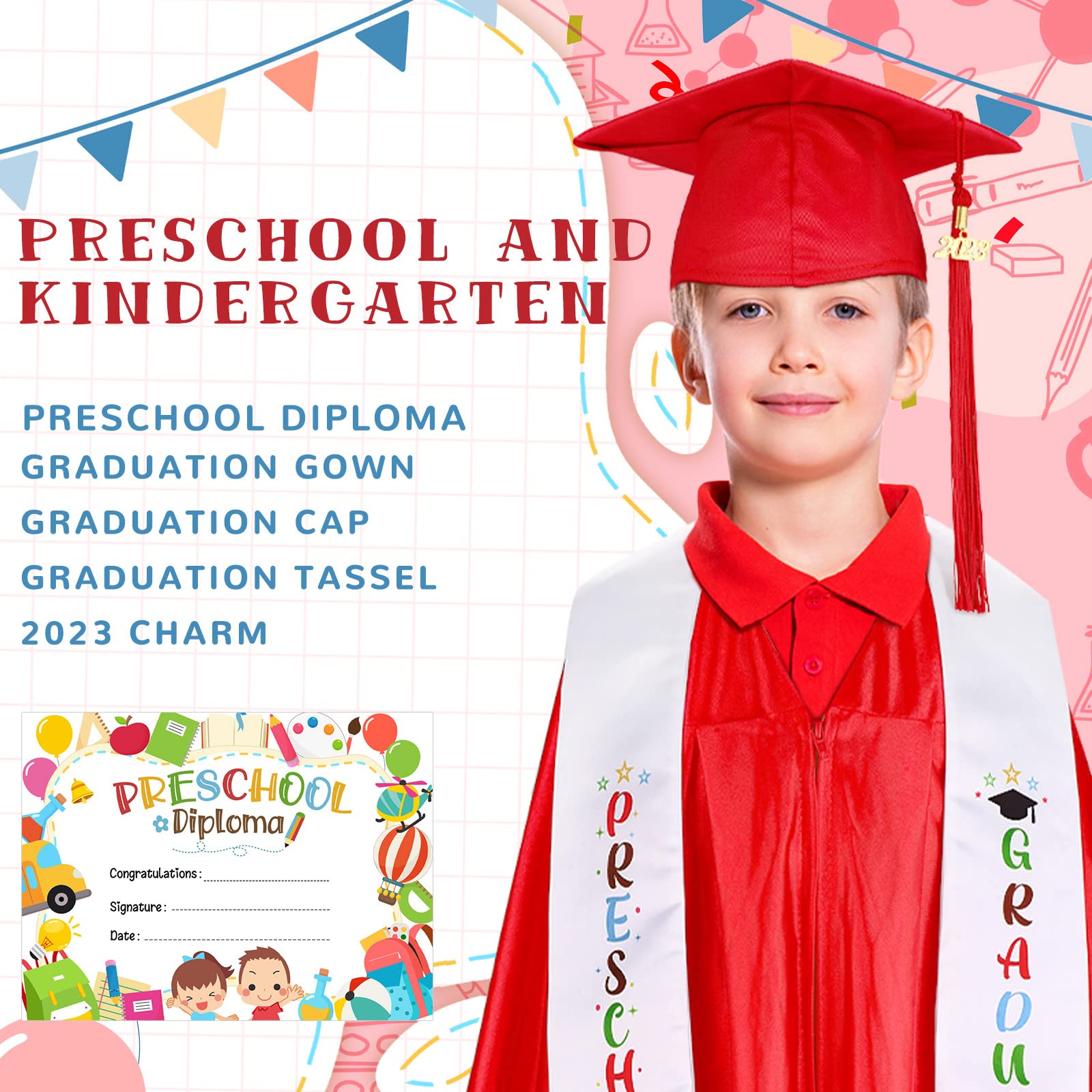 Sureio 6 Pcs Kindergarten Preschool Graduation Cap and Gown with 2024 Tassel Graduation Stole Certificate for Toddler Kids(Navy Blue, Medium)