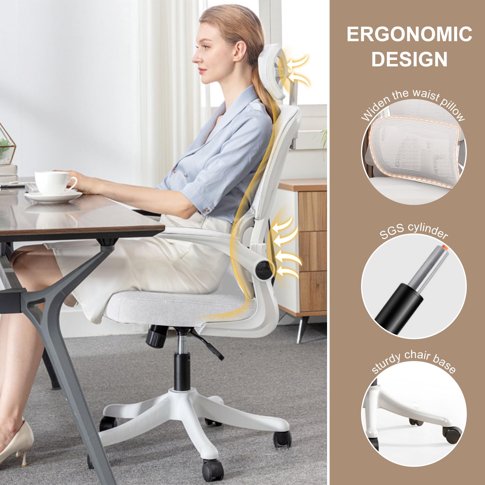 XUEGW Ergonomic Office Chair Comfort Home Desk Chair Adjustable High Back Mesh Chair Lumbar Support Computer Chair with Flip-up Arms for Work, Study, Gaming,White Mesdh Chair
