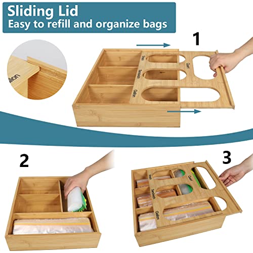 Ziplock Bag Storage Organizer, Bamboo Food Storage Bags Container Organizer with Slider