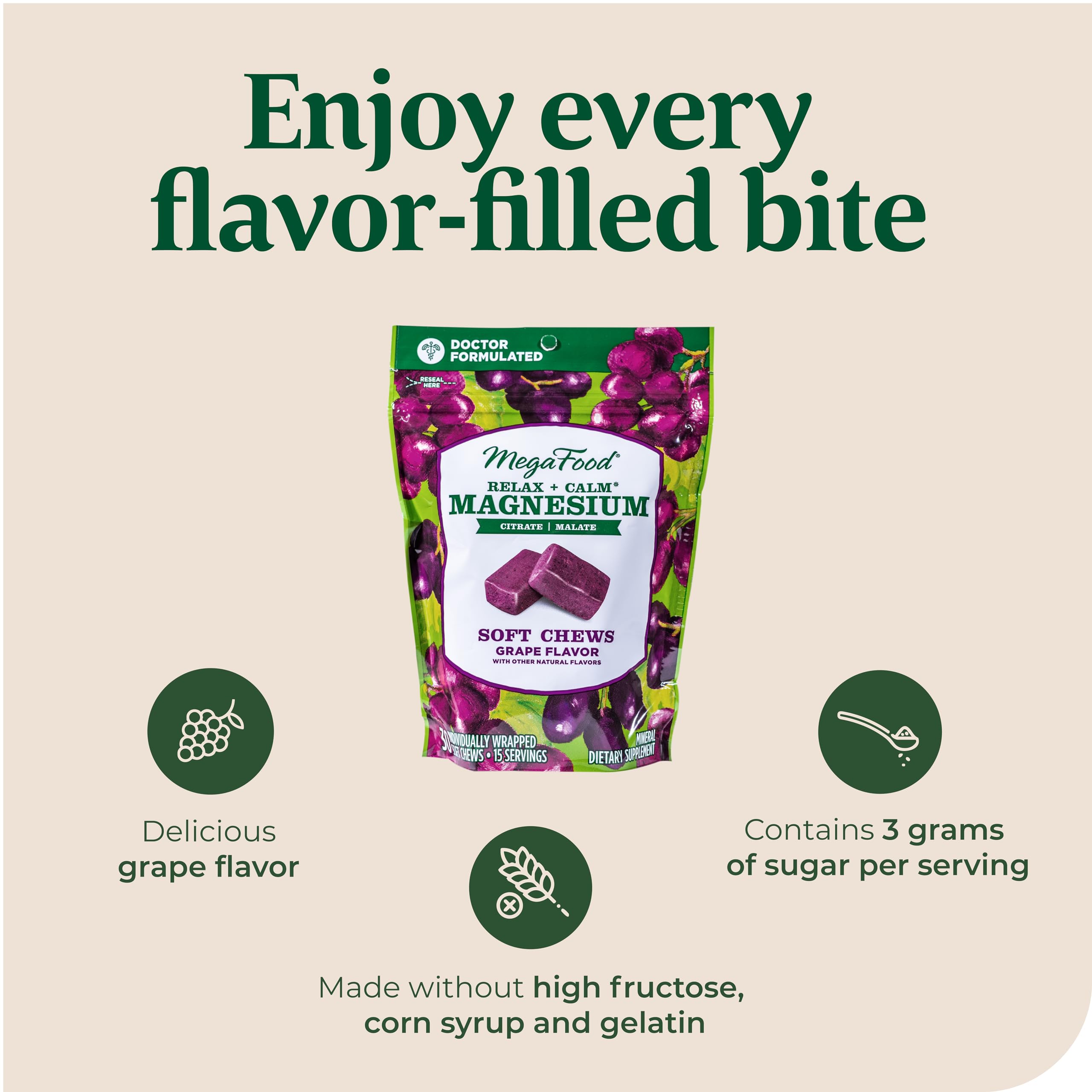 MegaFood Relax + Calm Magnesium Supplement - Soft Chews with Magnesium Citrate & Magnesium Malate for Heart Health, Muscle Tension & More - Vegetarian - Grape-Flavor - 30 Chews per Pack (Pack of 1)