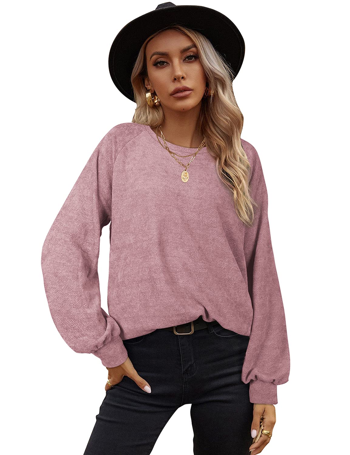 OFEEFAN Oversized Pullover Chenille Sweaters for Women Crewneck Balloon Sleeve Shirts Pale Mauve XL