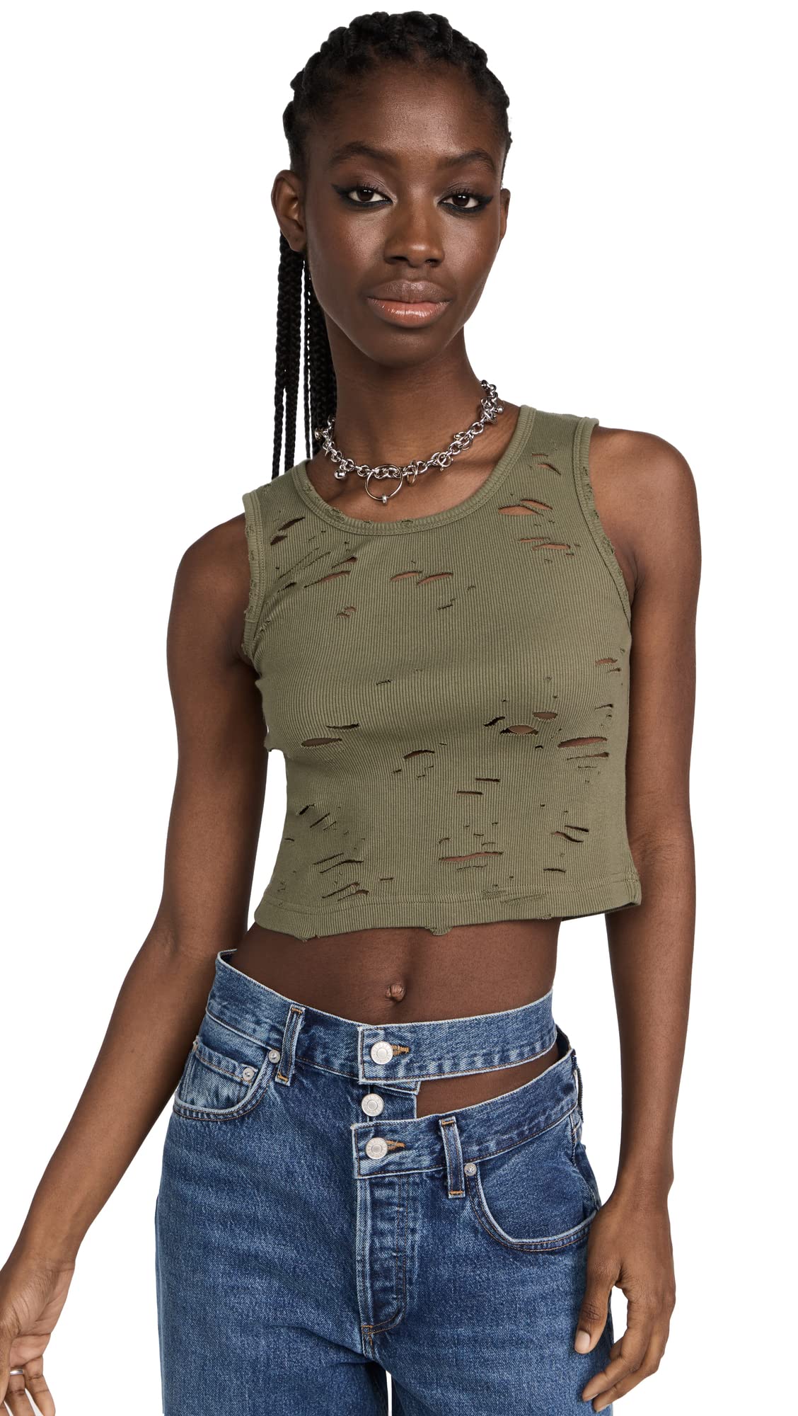 R13 Women's Distressed Tank, Olive, XS