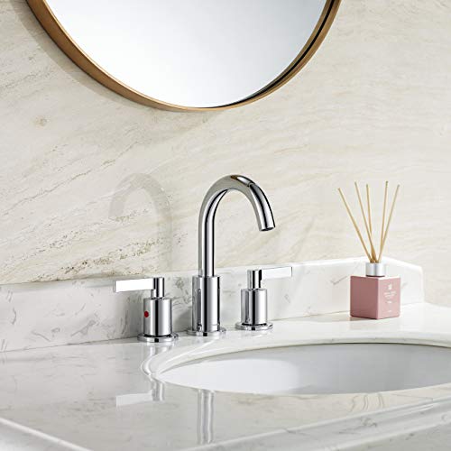 TimeArrow Chrome 2 Handle Widespread Bathroom Sink Faucet 3 Holes with Pop-Up Drain, High Arc Modern 8 Inch Bathroom Vanity Lavatory Faucet with Brass 360° Swivel Spout, TAF830C-CP