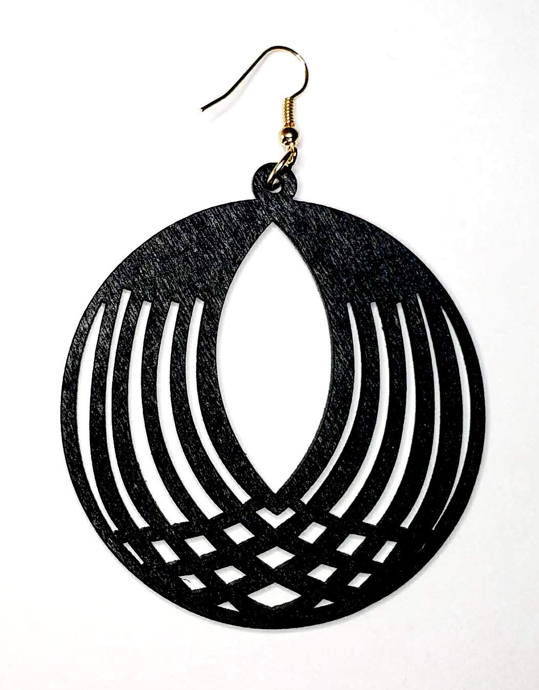 Large Lightweight Black Wood Criss-Crossed Circle Drop Earrings