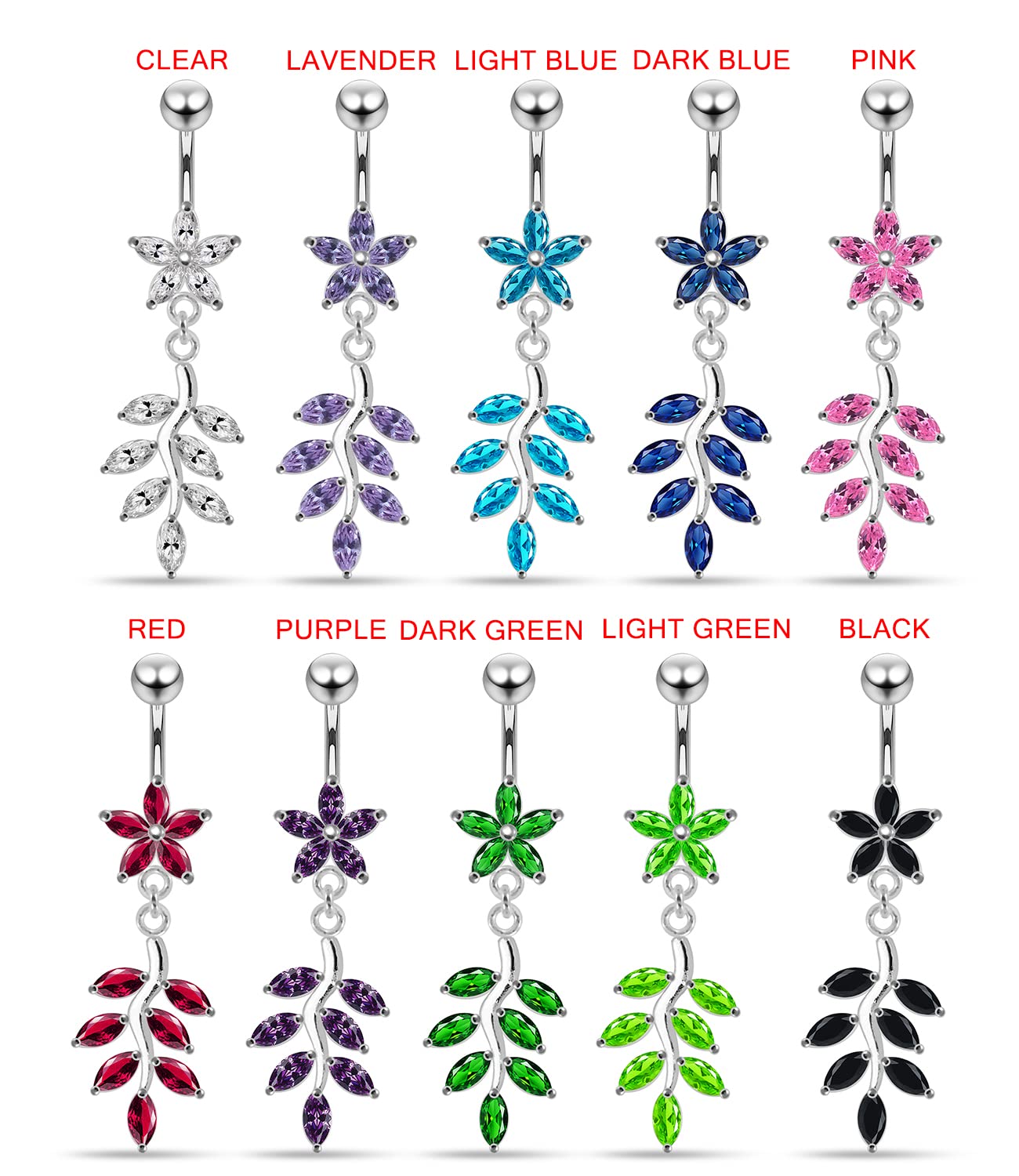 Lavender CZ Crystal Stone Daisy Flower with Floral Leaf Dangling 925 Sterling Silver Belly Ring Body Jewelry