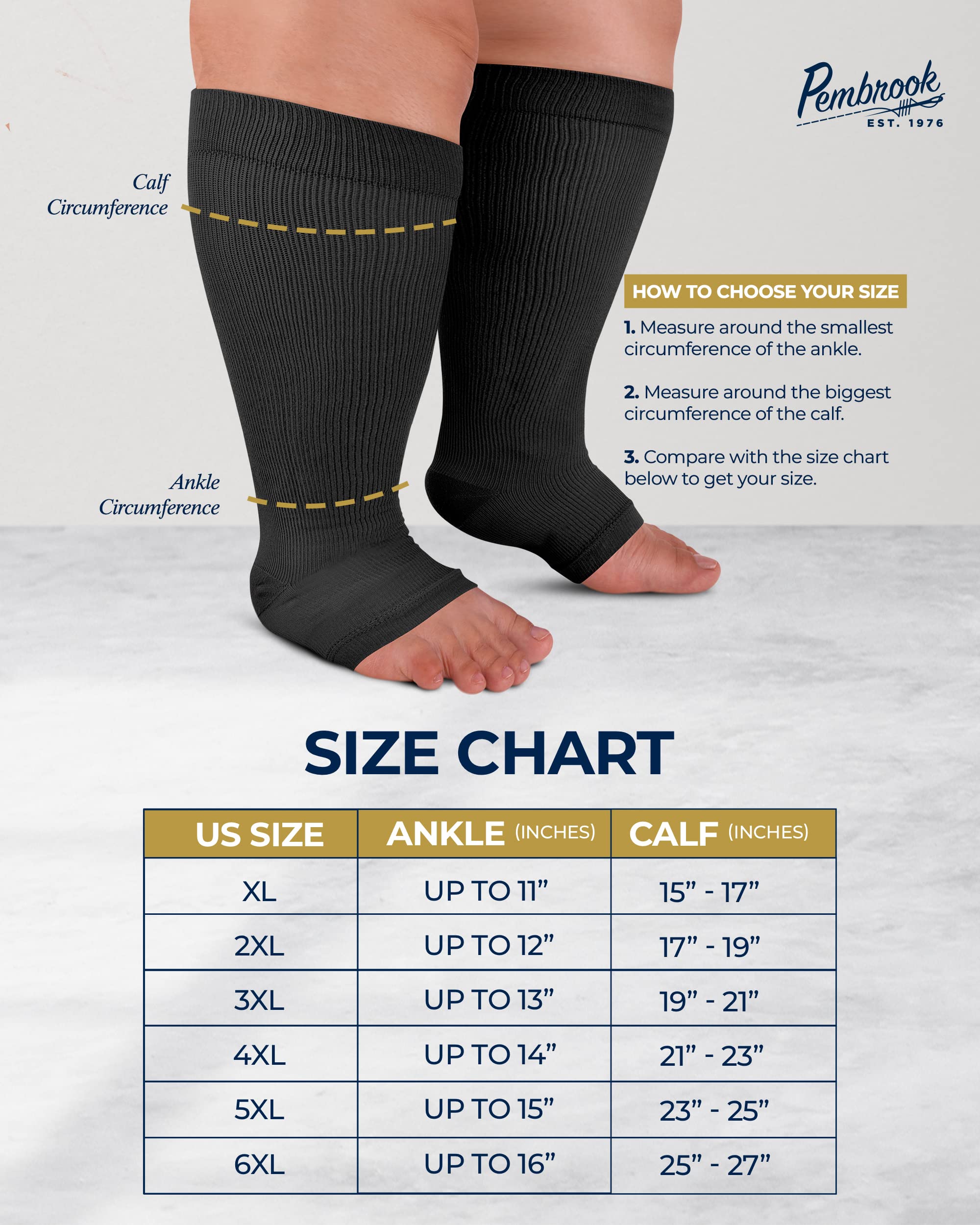Pembrook Toeless Compression Socks Wide Calf for Women and Men - 20-30mmHg | 6XL Plus Size Compression Socks for Women