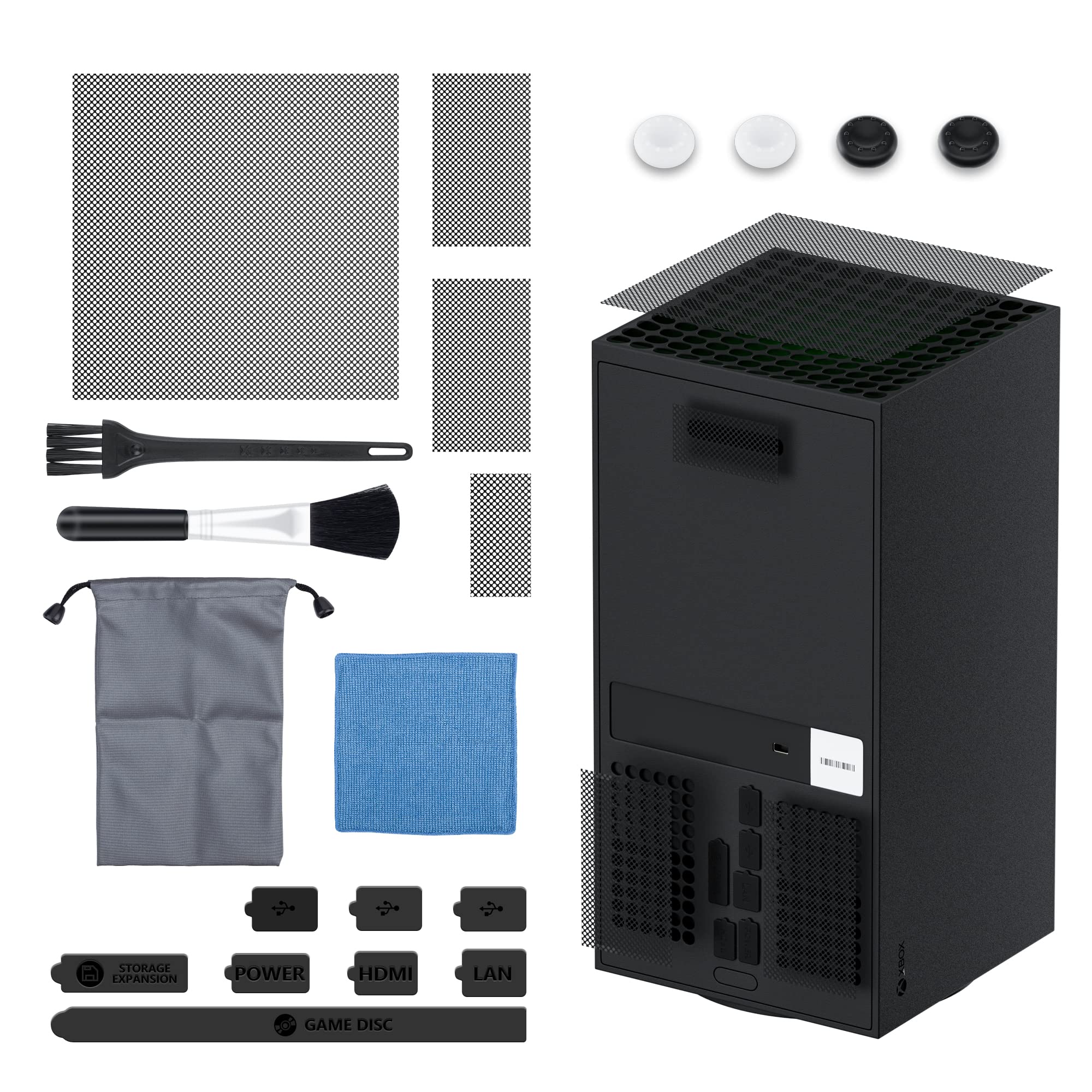 RHOTALL Dust Filter Cover for XBOX Series X with PVC Dust Filter, Silicone Dust Plugs for Ports, 13 in 1 Dust Kit for XBOX X with 4 Thumb Caps, 2 Brushes, Rag and Accessories Storage Bag