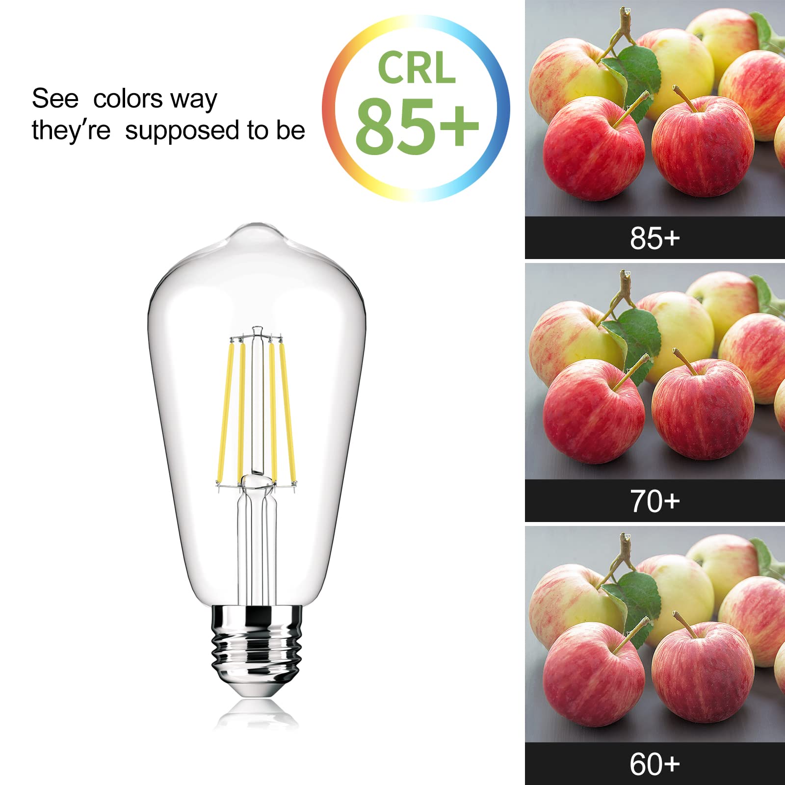 Q&S LED Edison Bulbs 6W Equivalent 60W Amber Warm 2300K 700 Lumens Antique Style ST64 LED Filament Bulbs with 85+ CRI, E26 Base Non-Dimmable No-Flicker 6 Packs