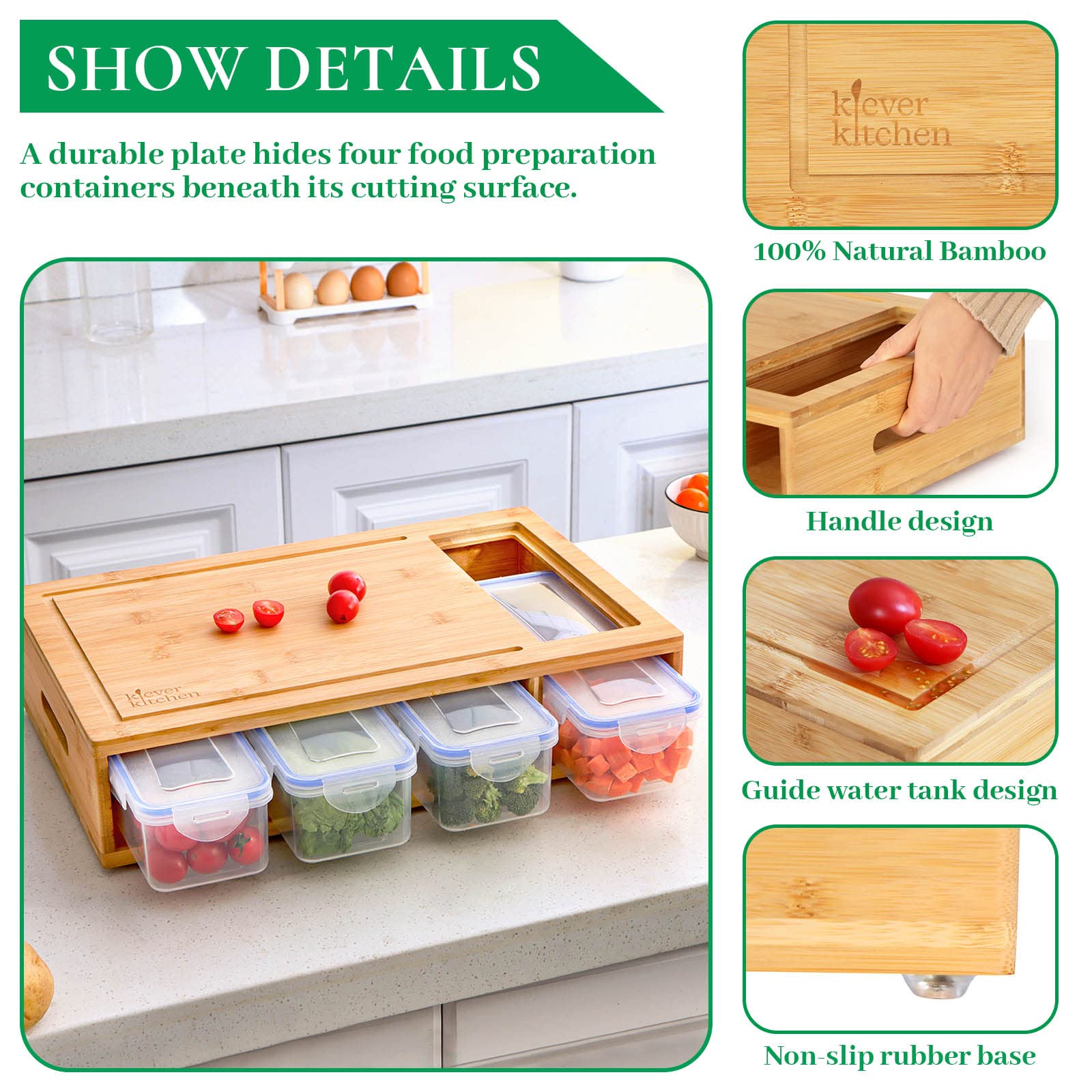 Klever Kitchen Bamboo Cutting Board with Storage Containers - Extra Large Chopping Board with Drawers, Stackable Inserts, Built-in Slicers - Sturdy Food Prep Cutting Board - Modern Meal Prep Station