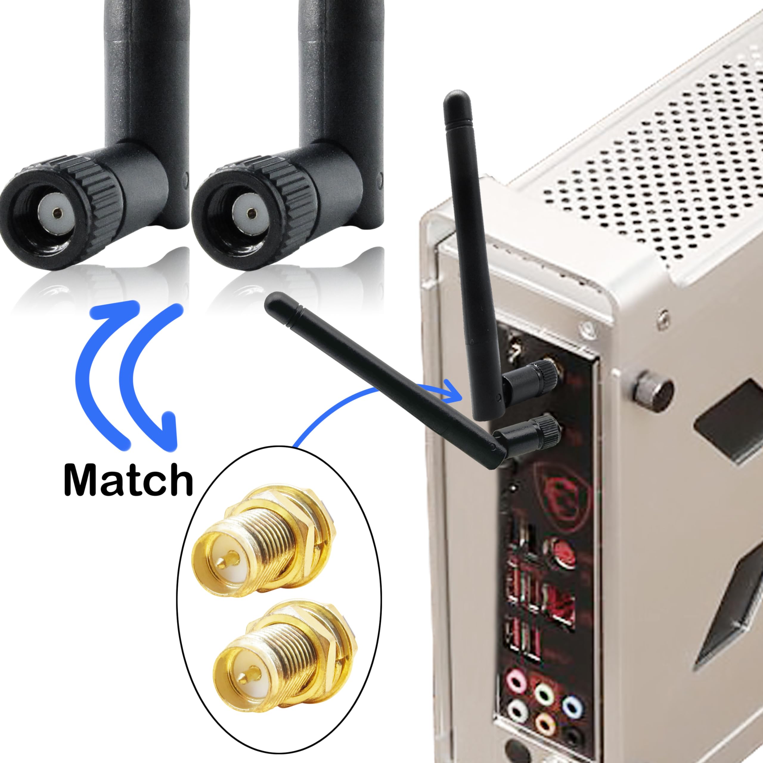 WiFi Antenna PC Bluetooth Antenna Dual Band 2.4Ghz 5Ghz 3dBi RP-SMA Male (with No Pin) for Gaming Motherboard, RV Camera, Mini PCIE M.2 Wireless Card, Router - 2 Pack