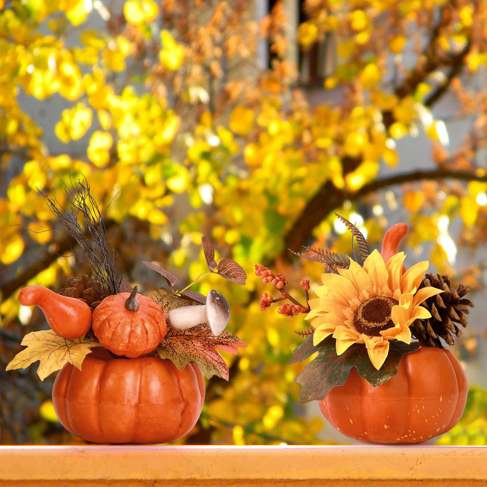 Omldggr Artificial Autumn Pumpkin Decoration for Home, Fake Fall Potted Plants with Sunflowers Maple Leaves Berry Pine Cone for Harvest Thanksgiving Kitchen Home Fall Decor Table Centerpieces(2PCS)