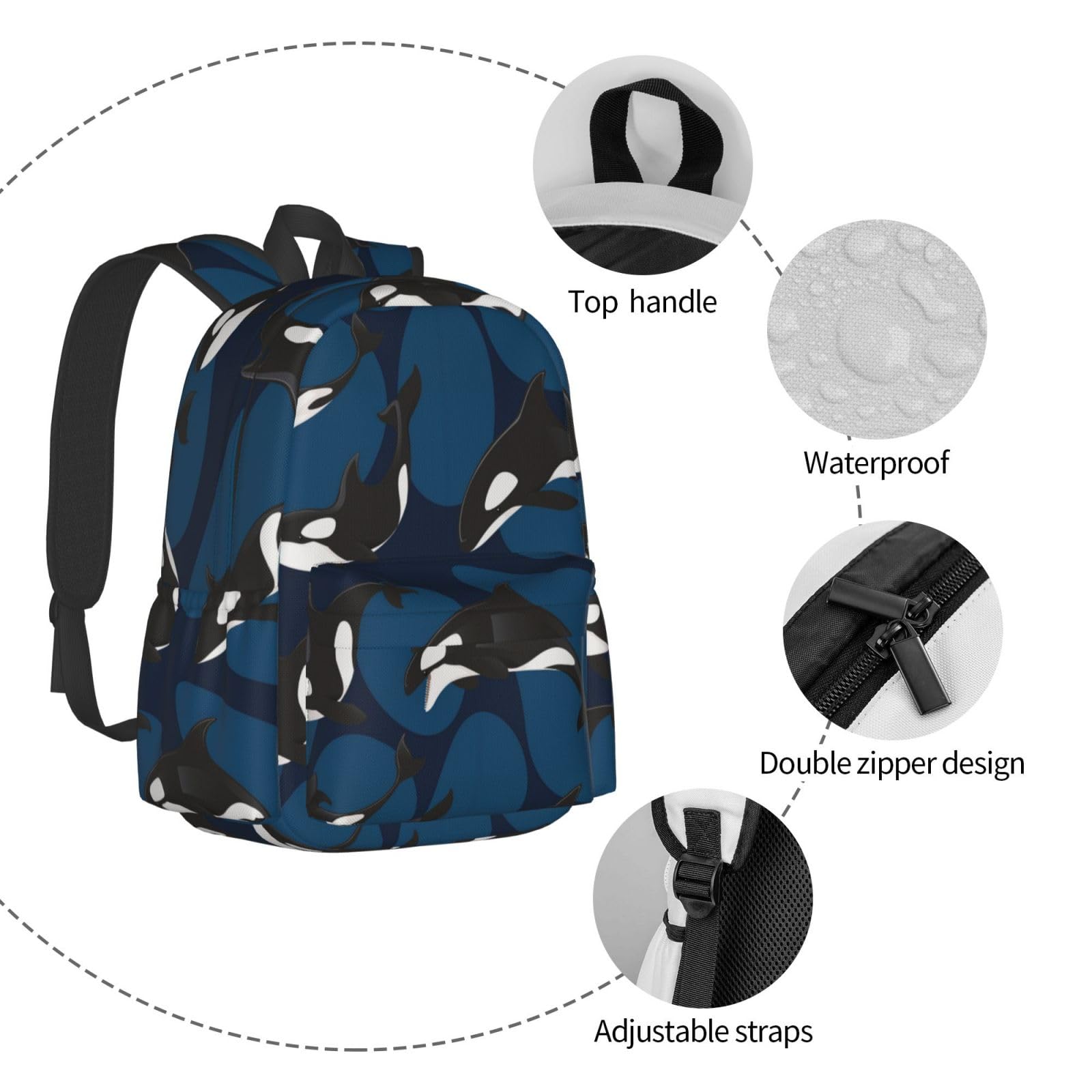 MZERSE Backpack for Men Women Backpack Compatible with Ocean Orca Killer Whale Outdoor Travel Daypack, Muiltifunction Bookbag Anti-Theft Laptop Bag Backpack Gym Bag with Soft Shoulder Strap