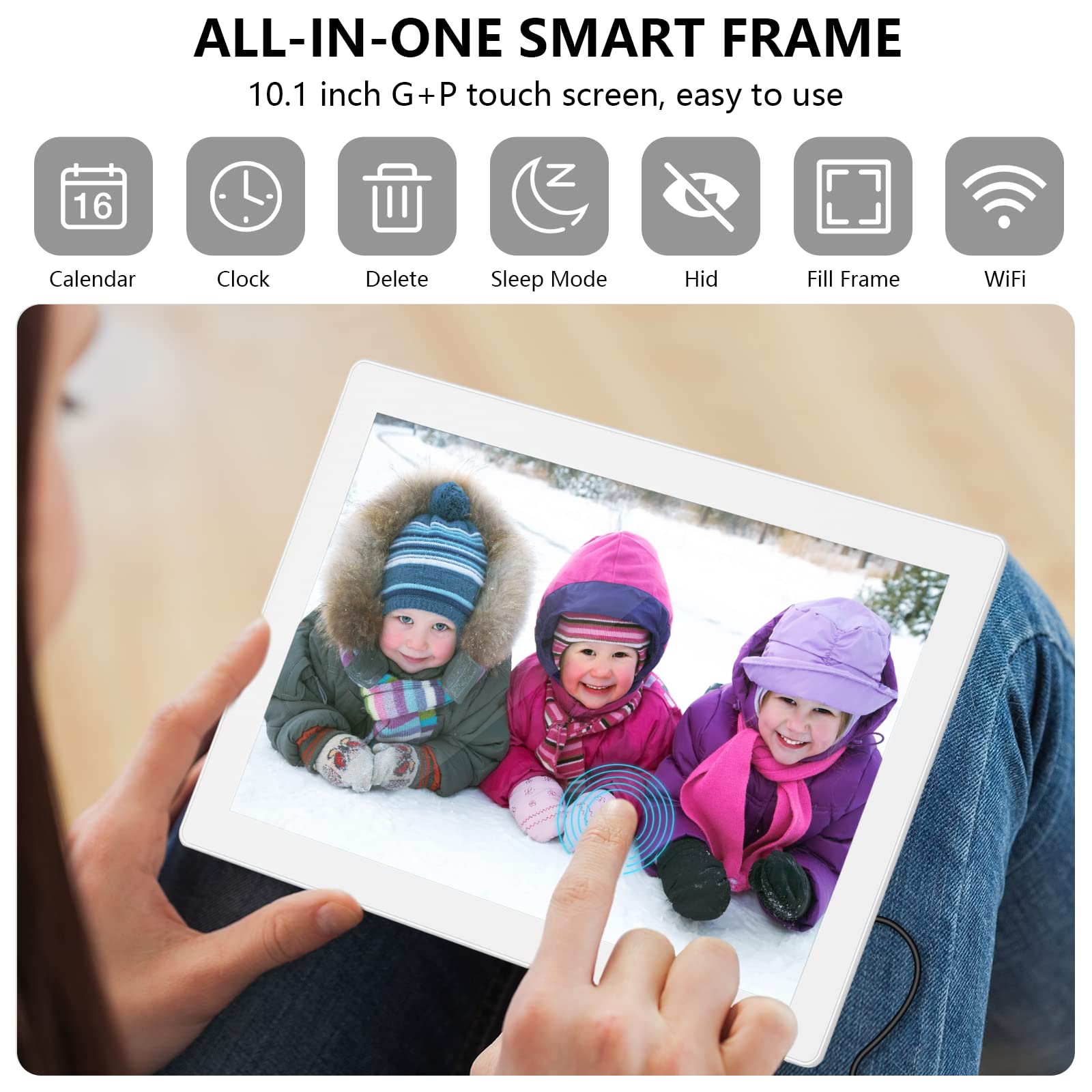WiFi Digital Photo Frames 10.1 Inch Smart Digital Photo Frame 1920x1080 Touch IPS Screen Electronic Photo Albums with 16GB Storage Easy Setup Share Photos Video via App Auto-Rotate