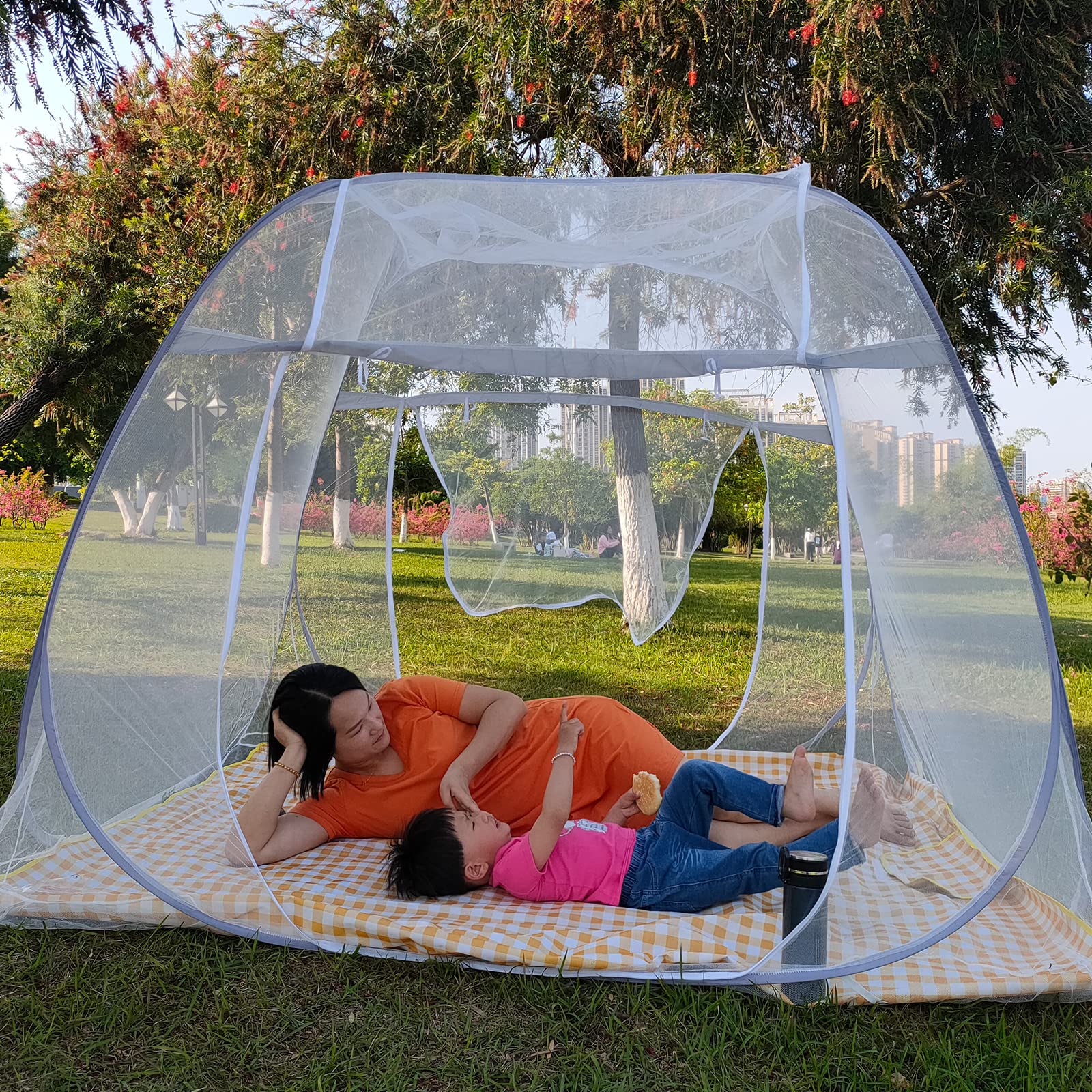 VOSNYA 88 * 80 * 60in, 5 Seconds Get Install, Self-Standing Pop-Up Mosquito Net with Bottom for Bed and for Camping, Folding Portable Design (Grey)