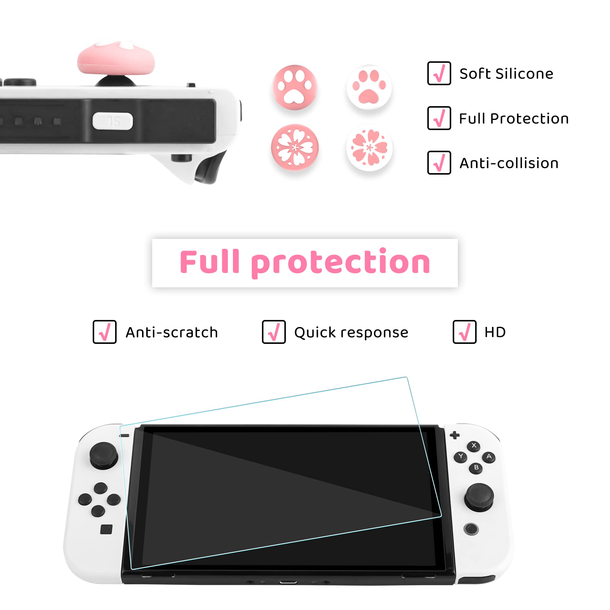 RHOTALL Pink Protective Case for Nintendo Switch OLED with Cute Girl Pattern, Anime Theme Cover Case Compatible with Switch OLED and Joycon Controller with Screen Protector and 4 Thumb Caps
