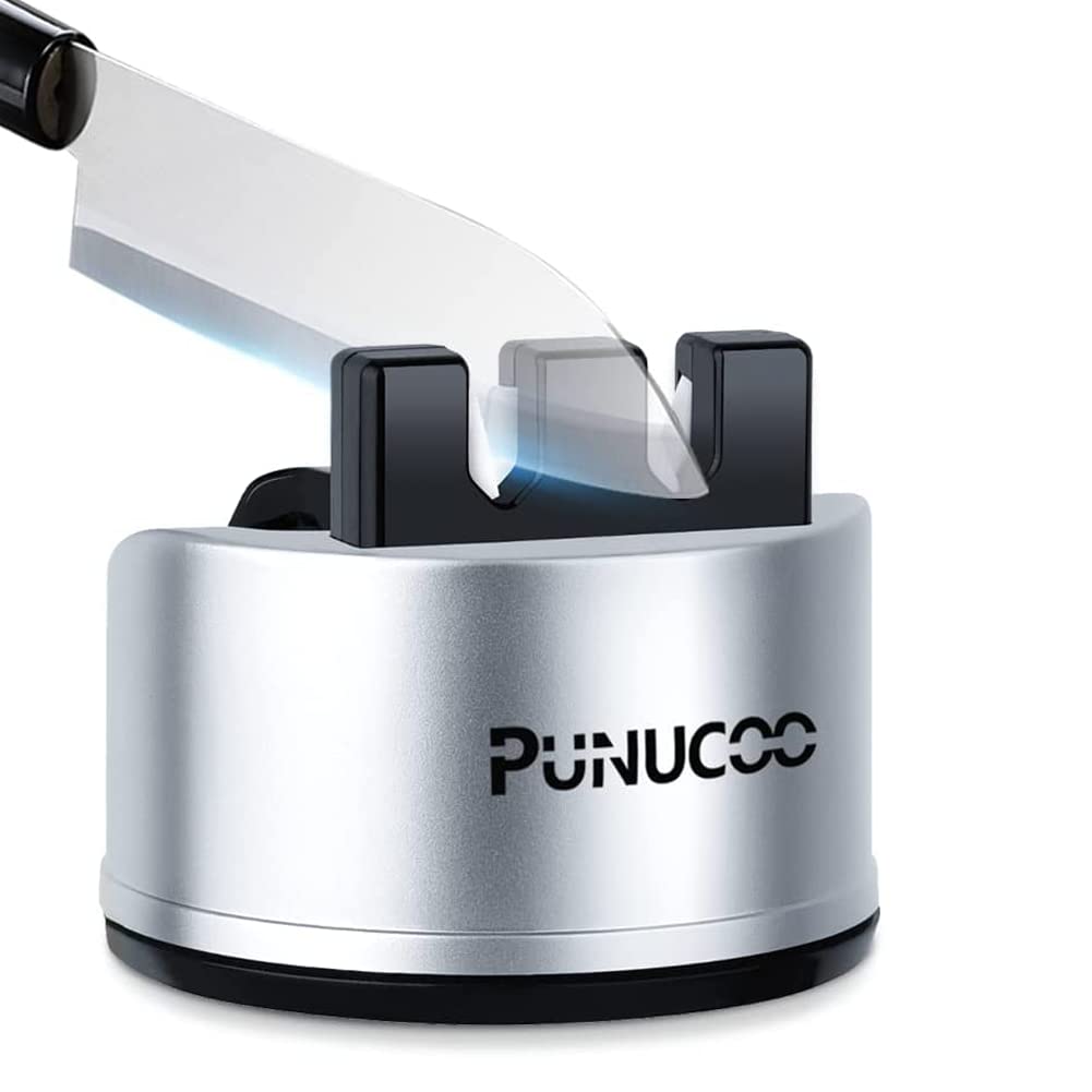 Punucoo Knife Sharpeners, 2-Stage Pocket Knife Sharpener, Suction Cup Knife Sharpener Hands-Free, 10s Quick Sharpening Knife & Scissors Sharpener Silver