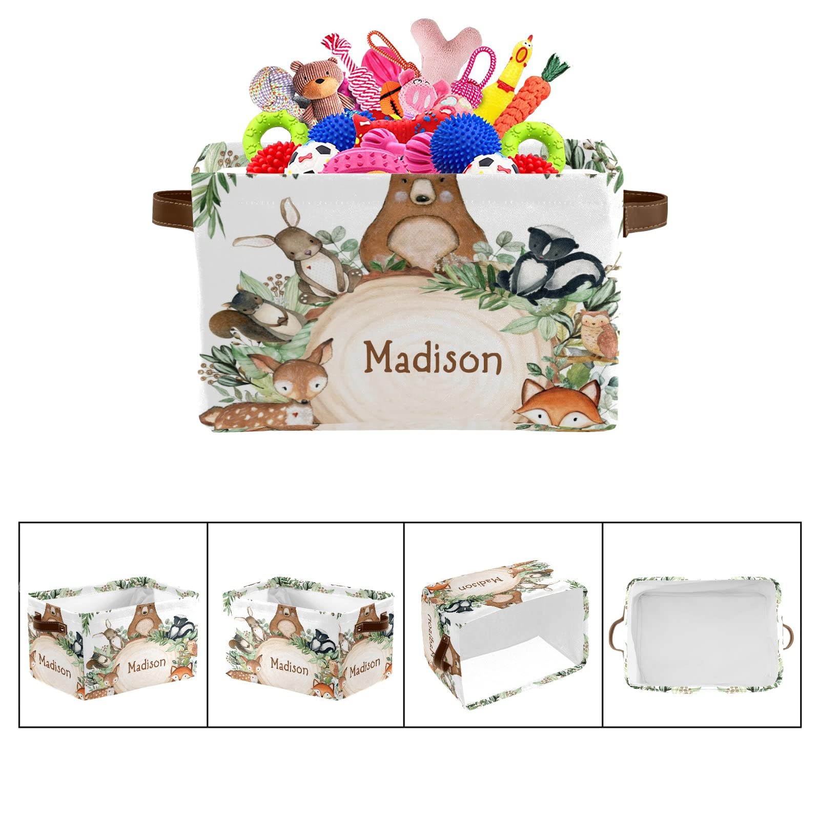 Woodland Animals Personalized Storage Basket,Custom Storage Bins Cubes Organizer with Handle for Bedroom Wardrobe,Nursery,Basket 1 Pack