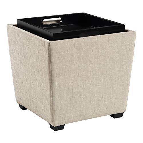 OSP Home Furnishings Ave Six Rockford Square Storage Ottoman with Padded Upholstery and Hidden Serving Tray, Cream Fabric