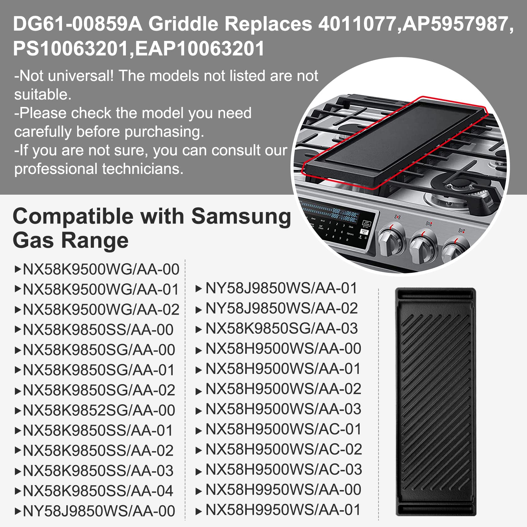 Upgraded DG61-00859A Griddle Compatible With samsung Stove Parts Top Griddle Plate,AP5957987 4011077 PS10063201 Heavy Duty Cast Iron Reversible Griddle/Grill Combo(Not Universal)-1 Year Warranty