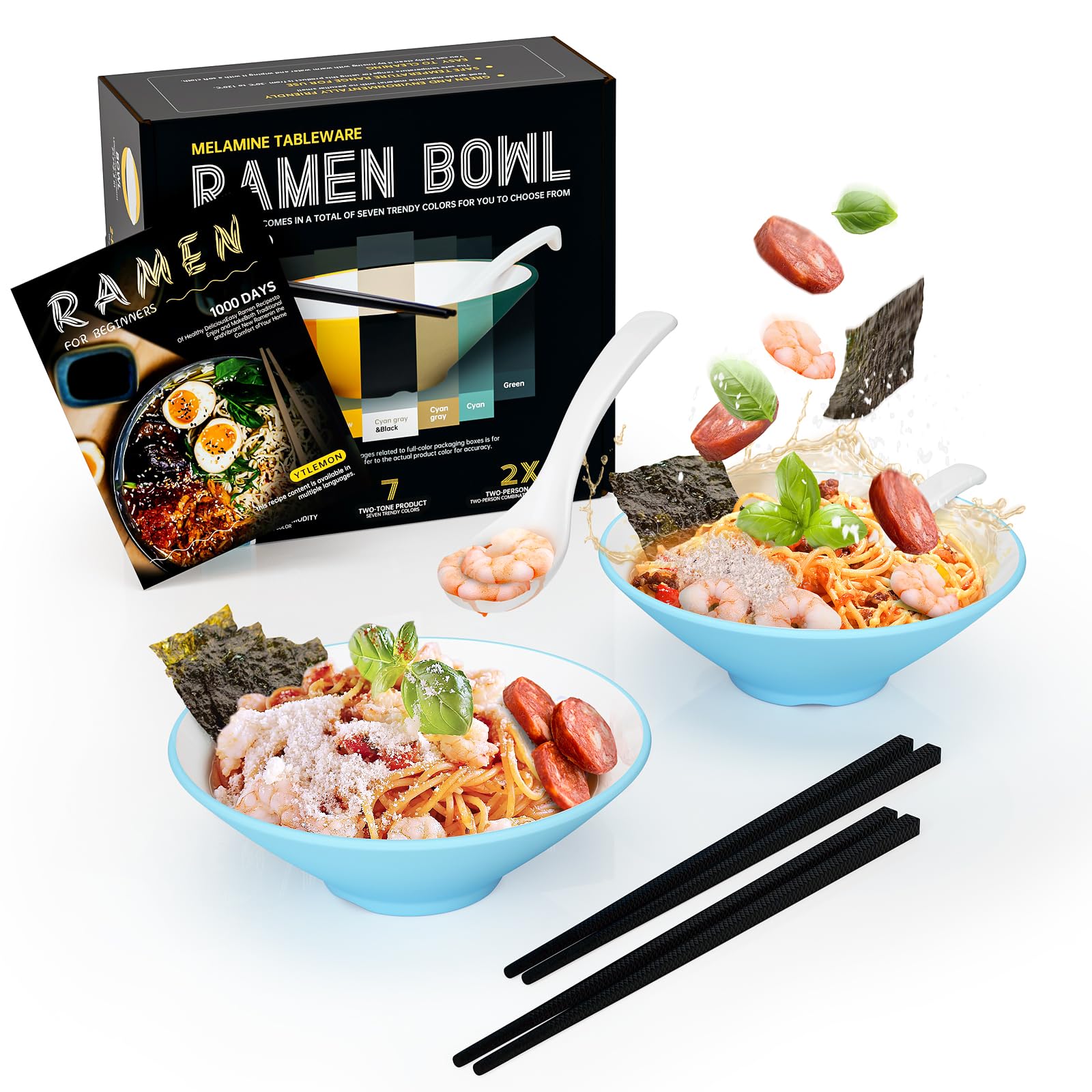 Ramen Bowls Set of Plastic,2 Sets of 20oz Double-sided Color Matching Serving Bowls With Chopsticks and Spoons for Salad Cereal,Essential Dinnerware for New Apartments Suitable as Housewarming Gifts