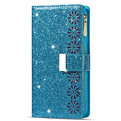 Phone Protective Case For Samsung Galaxy S22 Ultra Phone Case Multi-card Slots Starry Sky Laser Carving Glitter Zipper Horizontal Flip Leather Case Holder Shockproof And Scratch-proof Case, For Samsun