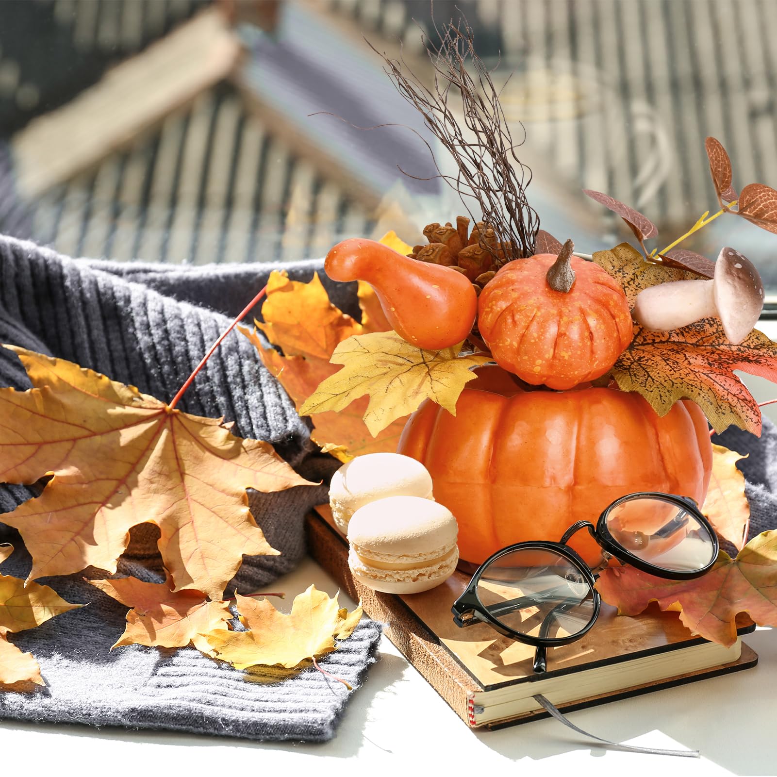 Omldggr Artificial Autumn Pumpkin Decoration for Home, Fake Fall Potted Plants with Sunflowers Maple Leaves Berry Pine Cone for Harvest Thanksgiving Kitchen Home Fall Decor Table Centerpieces(2PCS)