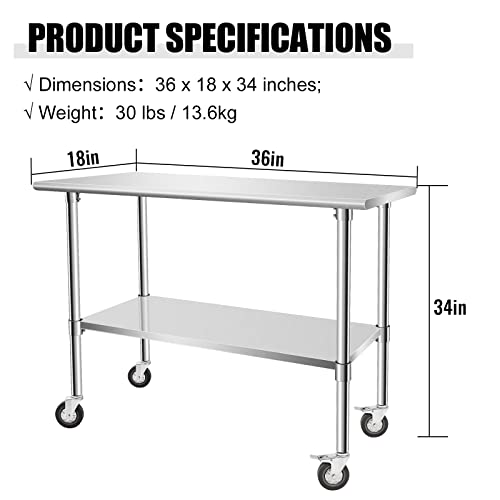 KODOM Food Prep Stainless Steel Table 36" x 18", Heavy Duty Workbench with Adjustable Under Shelf, Commercial Worktable with 4 Casters for Commerical Kitchen, Restaurant, Home and Hotel