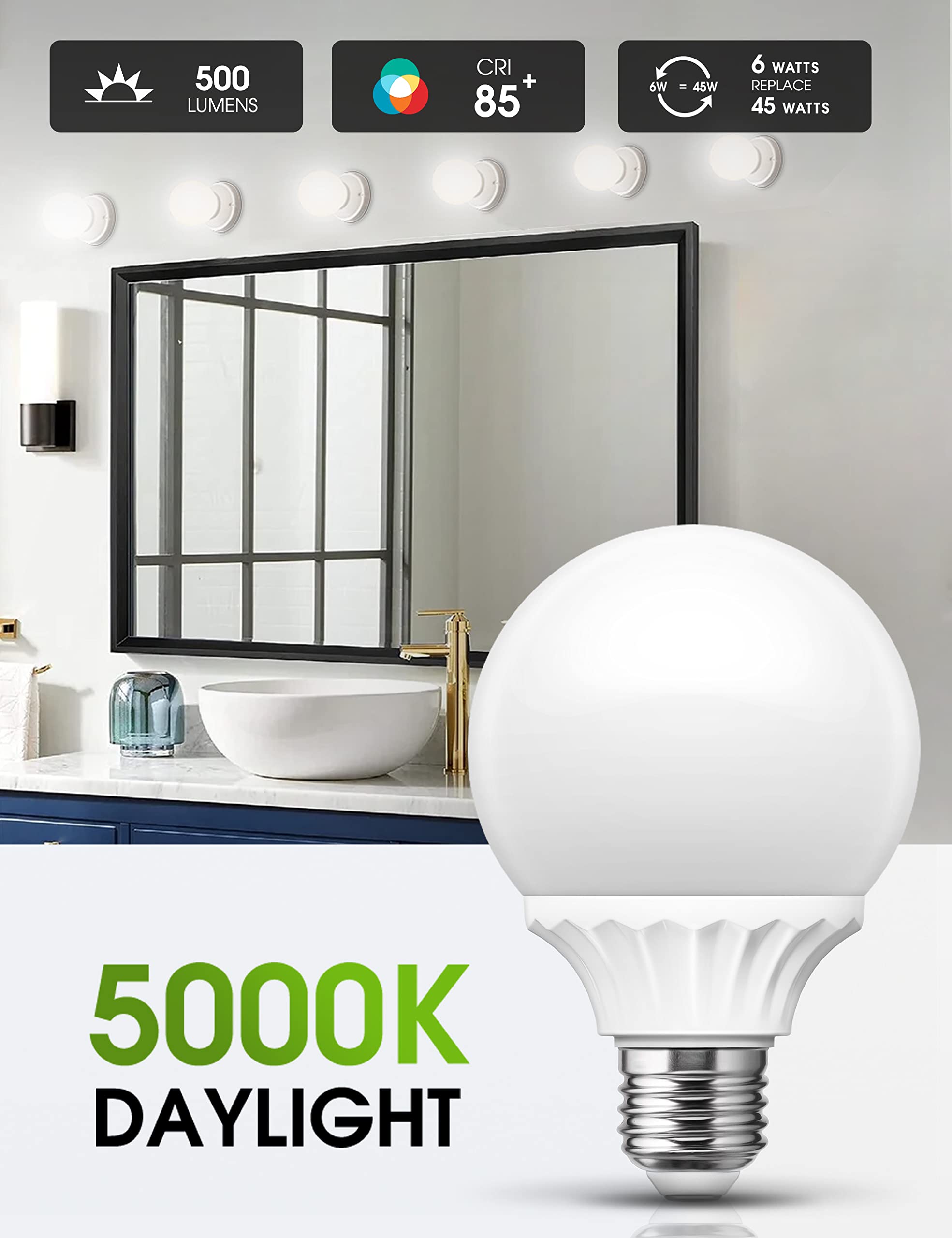 LOHAS G25 Globe Light Bulbs, LED Vanity Lights 40-45W Equivalent, Bathroom Round Light Bulb, E26 Edison Base Lamp for Bathroom Makeup Mirror Home Lighting, Non-Dim, 6 Pack