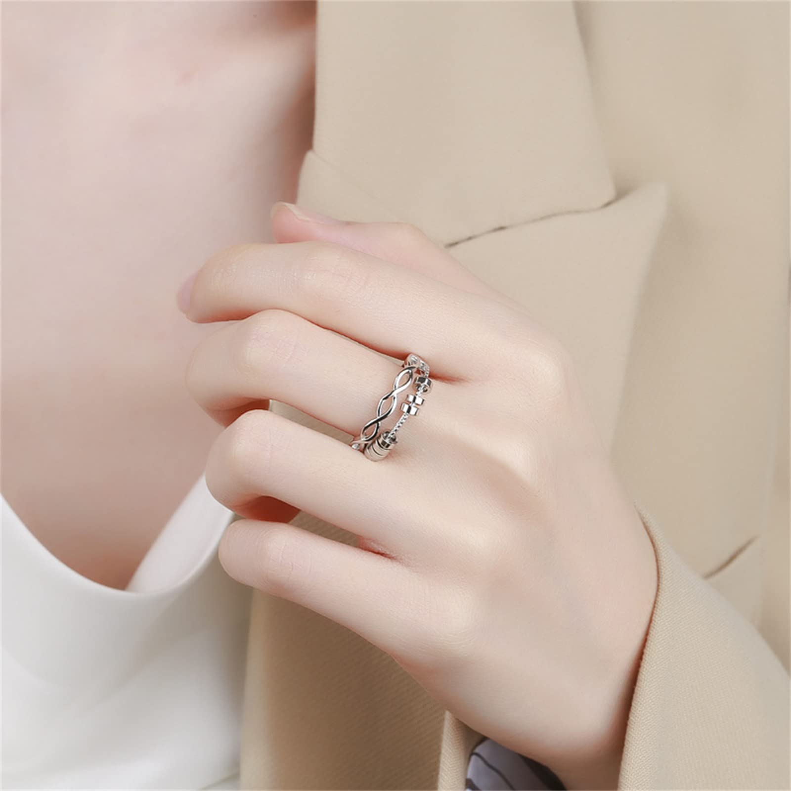 Rofusn 2PCS Fidget Beads Ring Spinner Rings for Women, Adjustable Spinner Anxiety Relief Rings Jewelry Set Fit 6-10 Ring Size