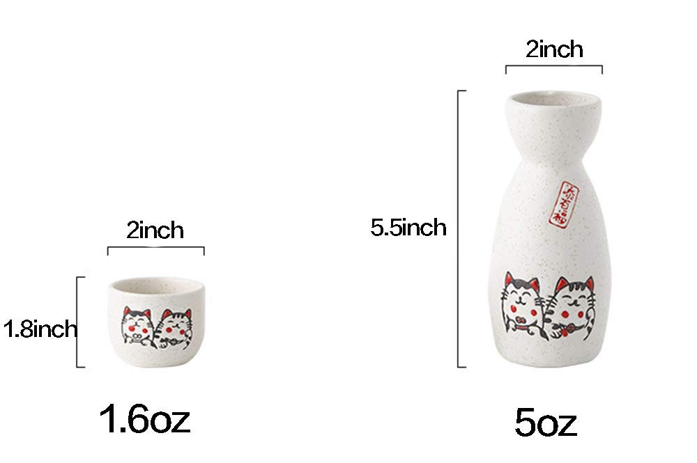 Mozacona Ceramic Lucky Cat Japanese Sake Set,1 Tokkuri Bottle and 4 Ochoko Cups