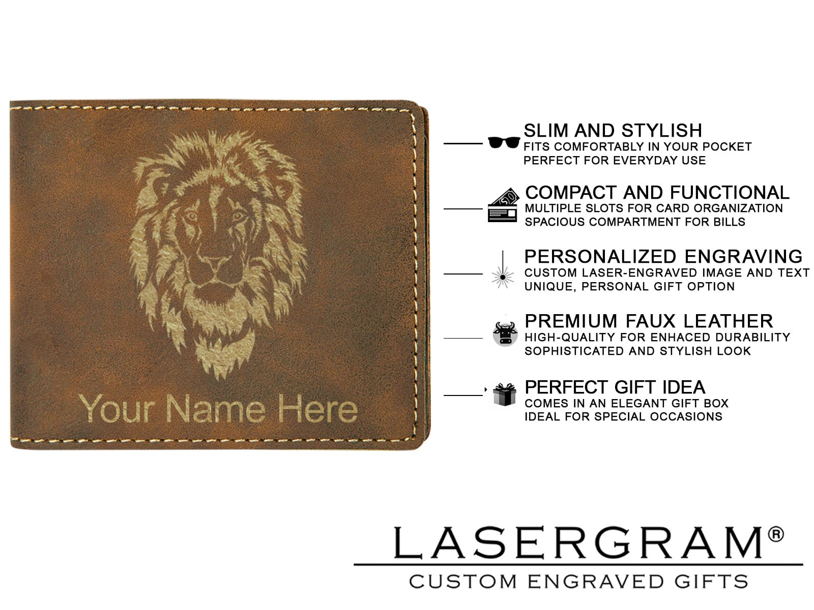 LaserGram Faux Leather Bi-Fold Wallet, Baseball Ball, Personalized Engraving Included (Rustic with Gold)