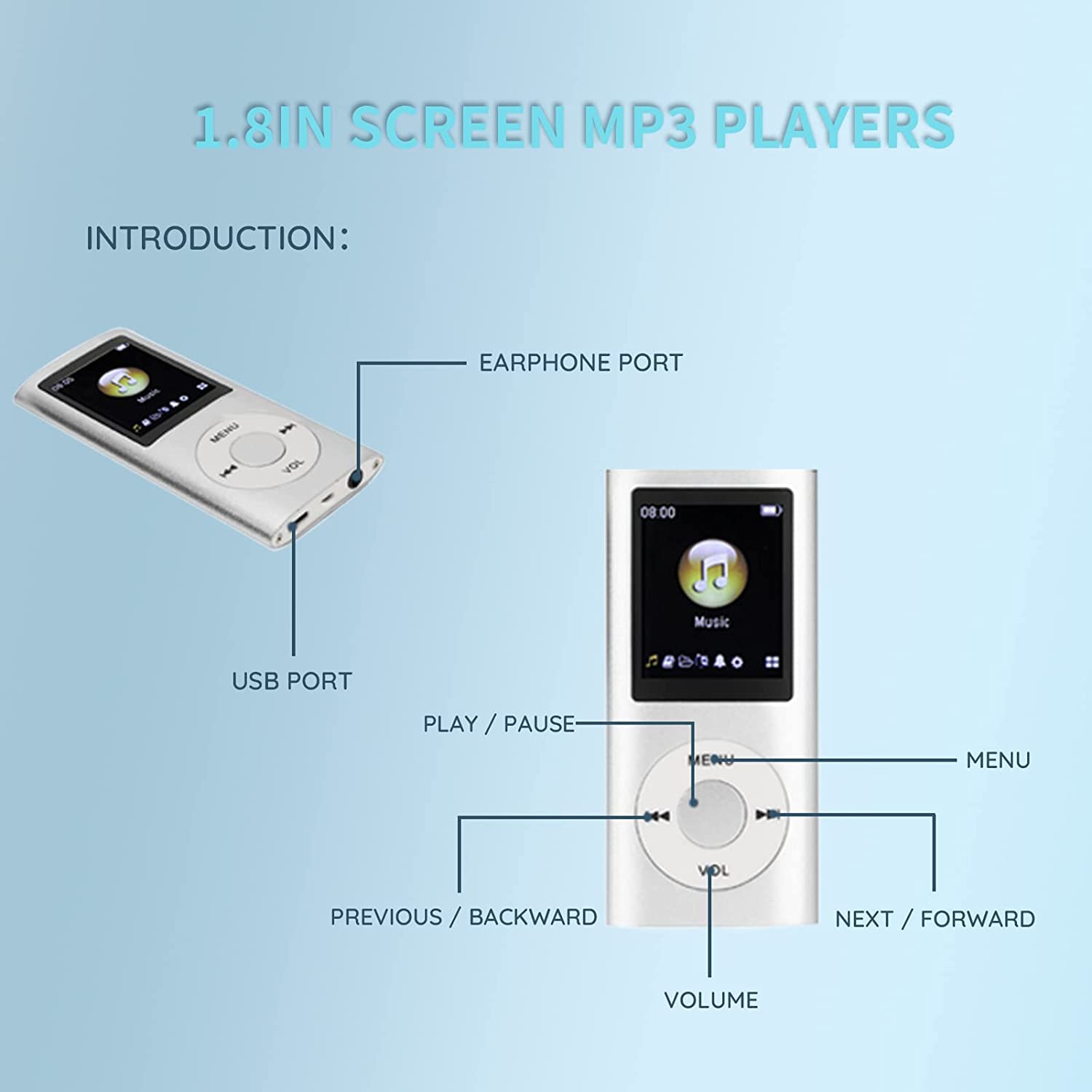 MP3 Player, Portable Lossless Sound Slim MP3 Music Player with Earphone, 1.8 Inch LCD Screen Digital Music Player, (Memory Card Not Included)(Black)