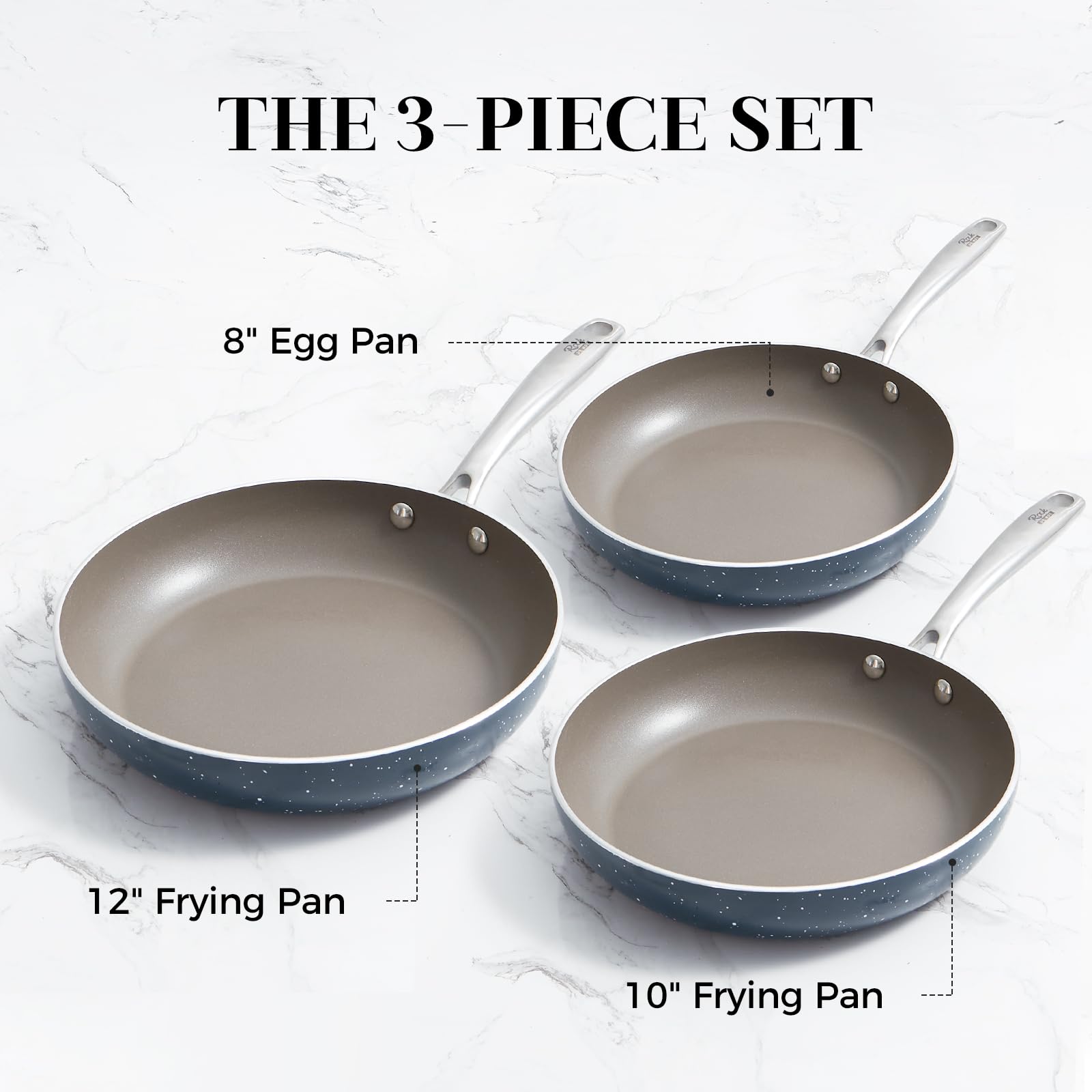 ROCKURWOK Non Stick Frying Pans Ceramic Pan, 3-Piece Set Cooking Pan with Stainless Steel Handle, 8" &10" and 12" Pan - Free of PFAS, PTFE, PFOA, Dishwasher Safe, Oven Safe