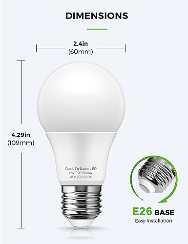 L LOHAS LED Dusk to Dawn LED Light Bulbs, 40W Equivalent LED Outdoor Lighting, Daylight 5000K, Automatic On/Off Outdoor Light, A19 6W Bright Porch Light Bulbs, 500LM E26 for Garage Patio, 4 Pack