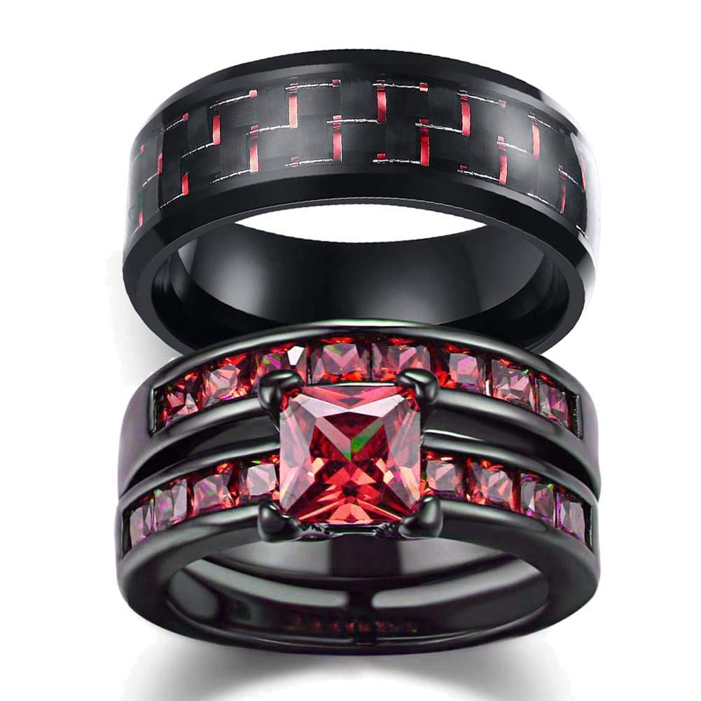 LOVERSRING Two Rings His and Hers Couple Ring Bridal Set His Hers 3pc Women Black Gold Filled Red Cz Man Stainless Steel Wedding Ring Band Set