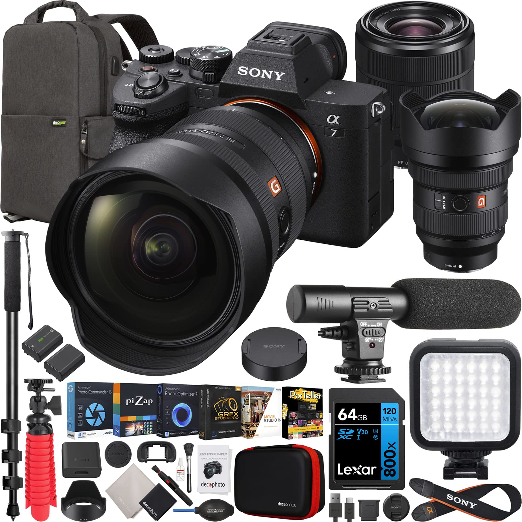 Sony a7 IV Full Frame Mirrorless Camera Body with 2 Lens Kit FE 12-24mm F2.8 GM G Master + 28-70mm ILCE-7M4K/B + SEL1224GM Bundle w/Deco Gear Backpack + Monopod + Extra Battery, LED and Accessories