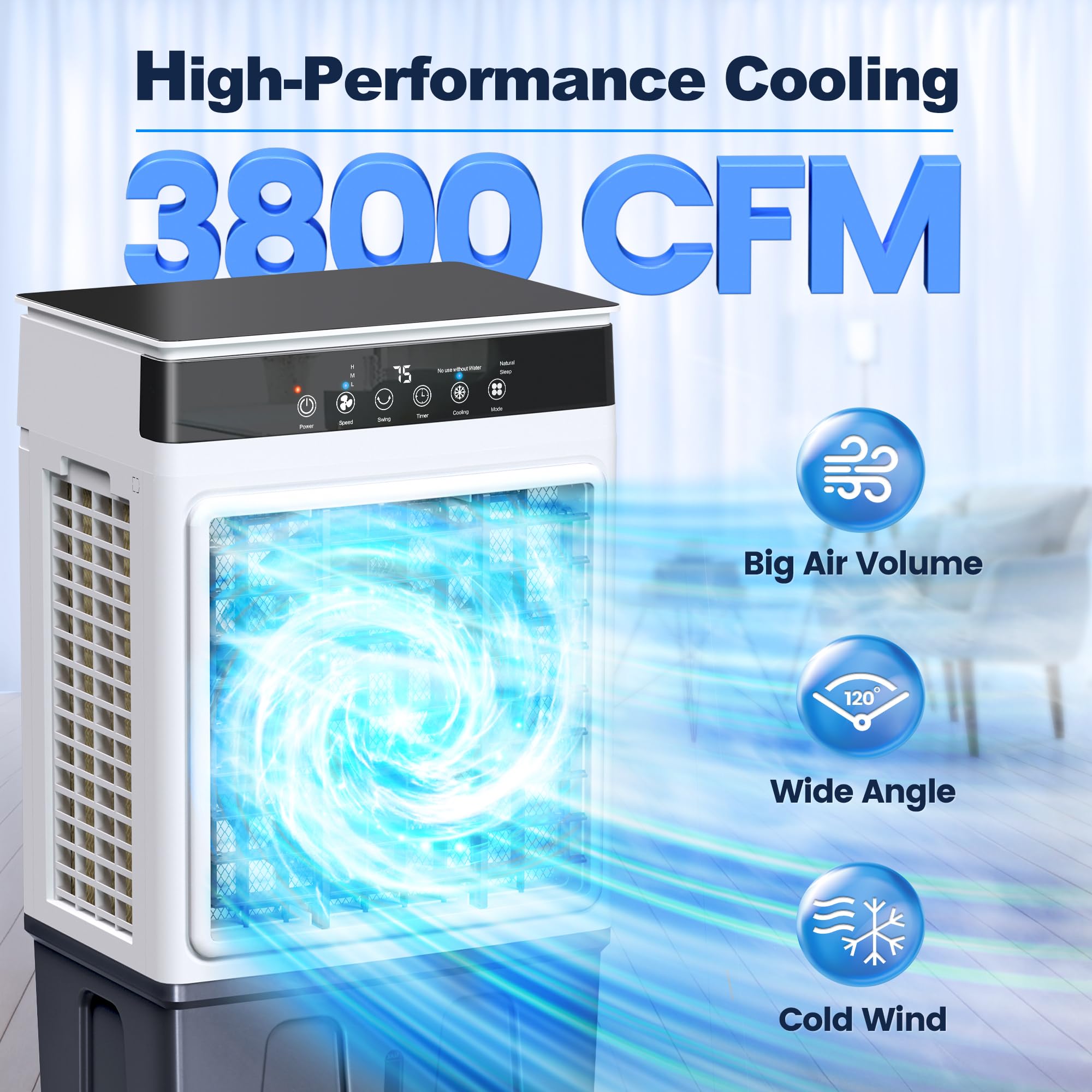 Swamp Cooler, 3800 CFM 3-in-1 Evaporative Air Cooler with 7.6 Gal Water Tank, 120° Oscillation, 3 Speeds 3 Modes, 12 H Timer, Remote, 4 Ice Packs, Portable Air Conditioner for Indoor&Outdoor