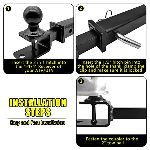SKYMIRO 1-1/4" Solid Shank 3 in 1 ATV UTV Multi Hitch Mount with 2 inch Ball Hitch (Rated 2000 LBS), Winch Strap Loop (Rated 5000 LBS), β
Pin Hole for Yard Work Equipment & Utility Trailers