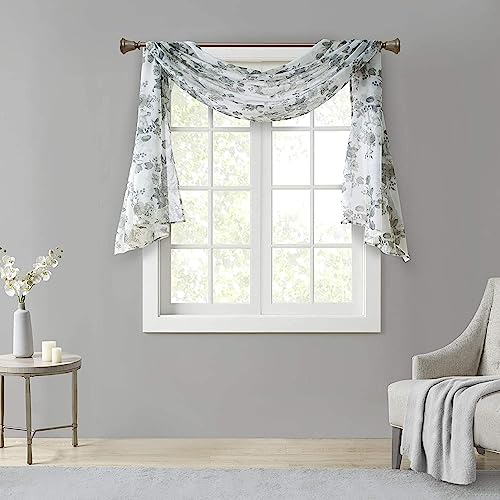 Madison Park Simone Floral Design Sheer Window Curtain Voile Privacy Drape for Bedroom, Livingroom, 42" x 216", Scarf, White