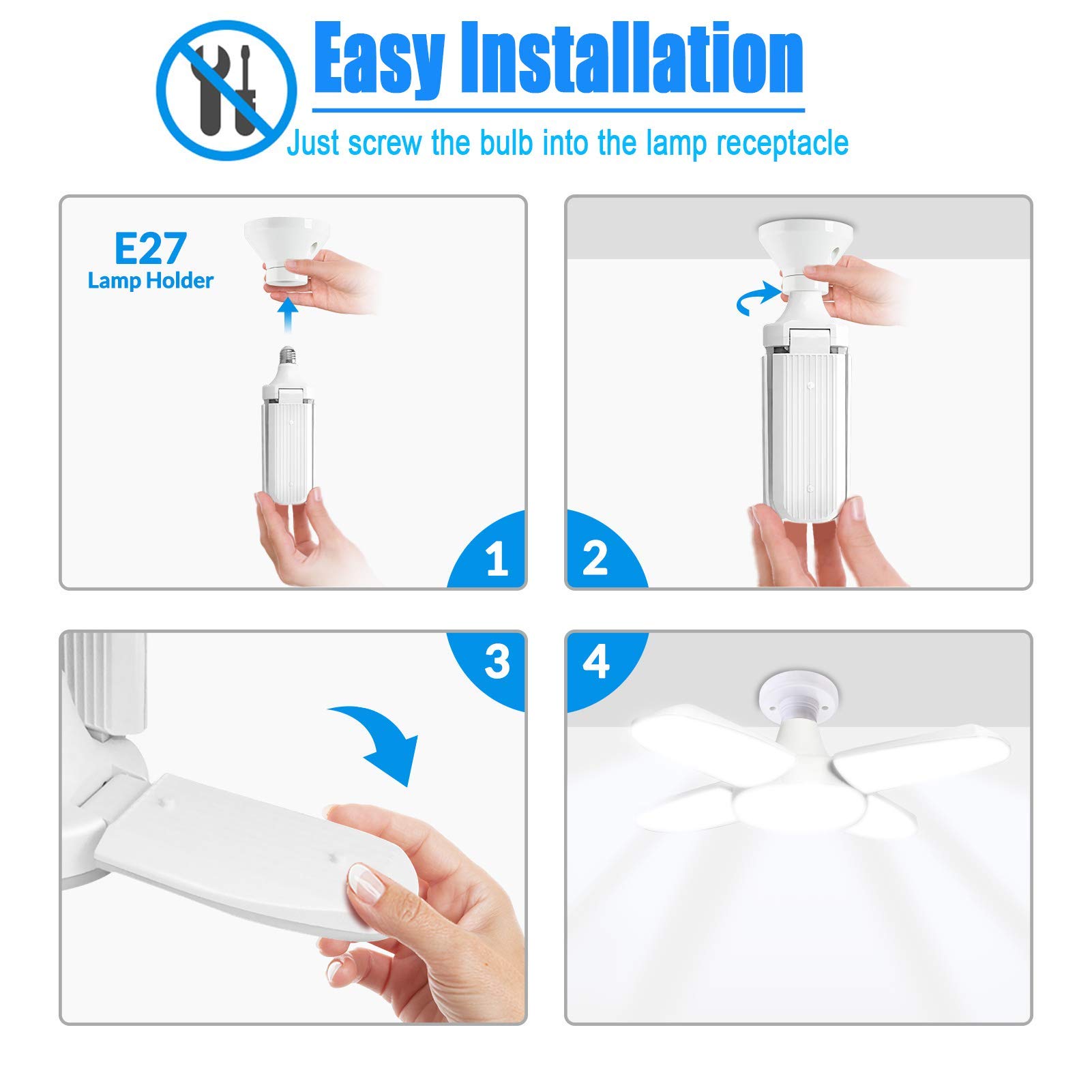 N-A LED Garage Light 60W Deformable Garage LED Lights 6000LM 6000K Daylight White Adjustable Garage Ceiling Lights E26/E27 Warehouse Lights for Warehouse Workshop Basement