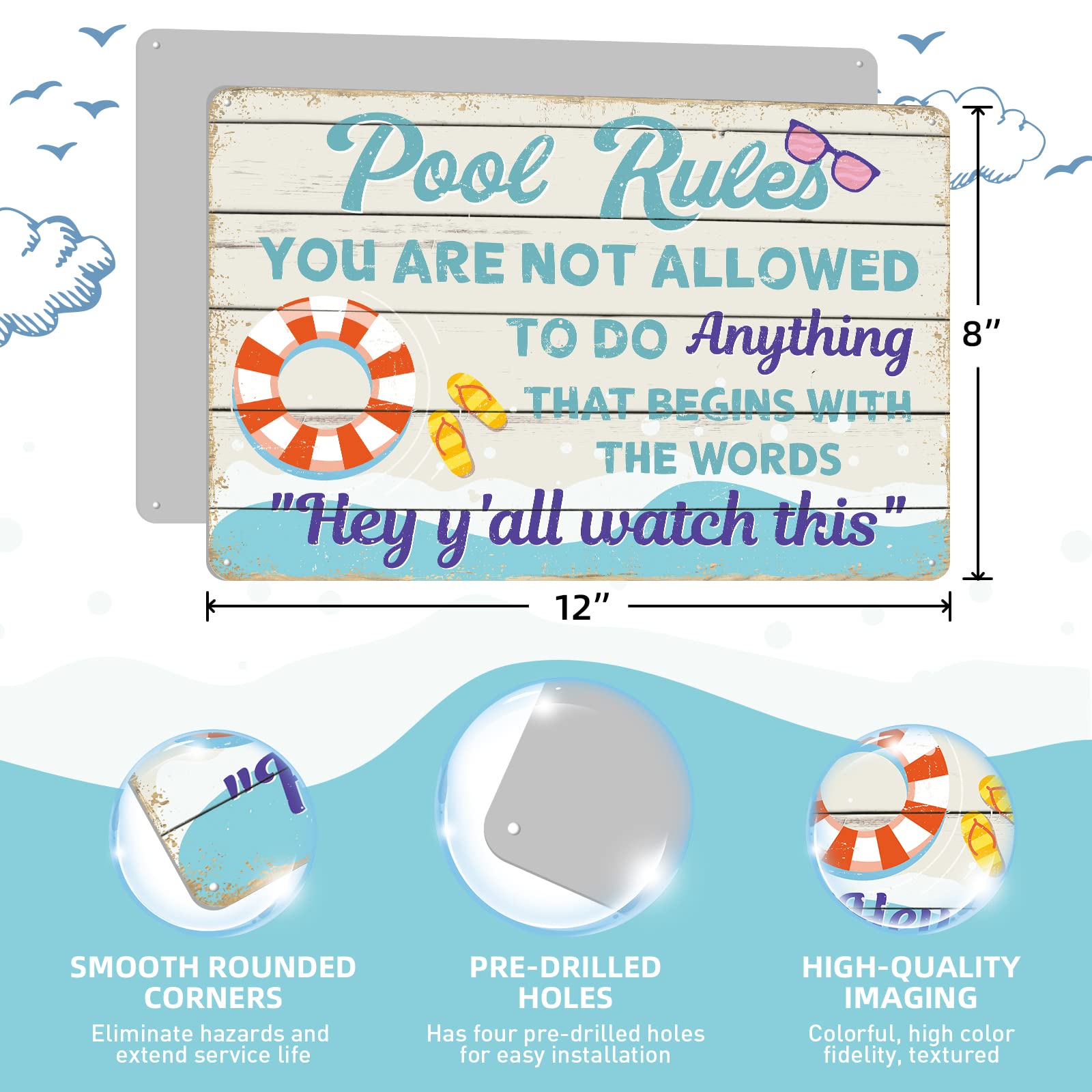Rousen Pool Decor Sign, Pool Decorations Outdoor, Perfect for Beach, Home, Bar, Pool Deck, and Backyard Walls, Metal Sign Dimensions are 12x8 Inch, 4 Holes for Easy Hanging - Pool Rules
