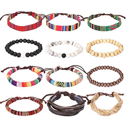 LATEEFAH Wrap Bead Braided Tribal Leather Woven Stretch Bracelet - 12 PACK Boho Hemp Linen String Bracelet for Men Women Girls